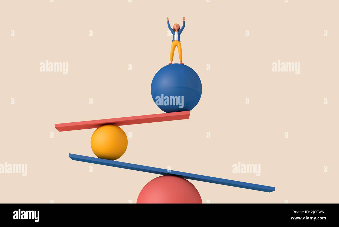 A female character balancing on unstable shapes. 3D Rendering Stock ...