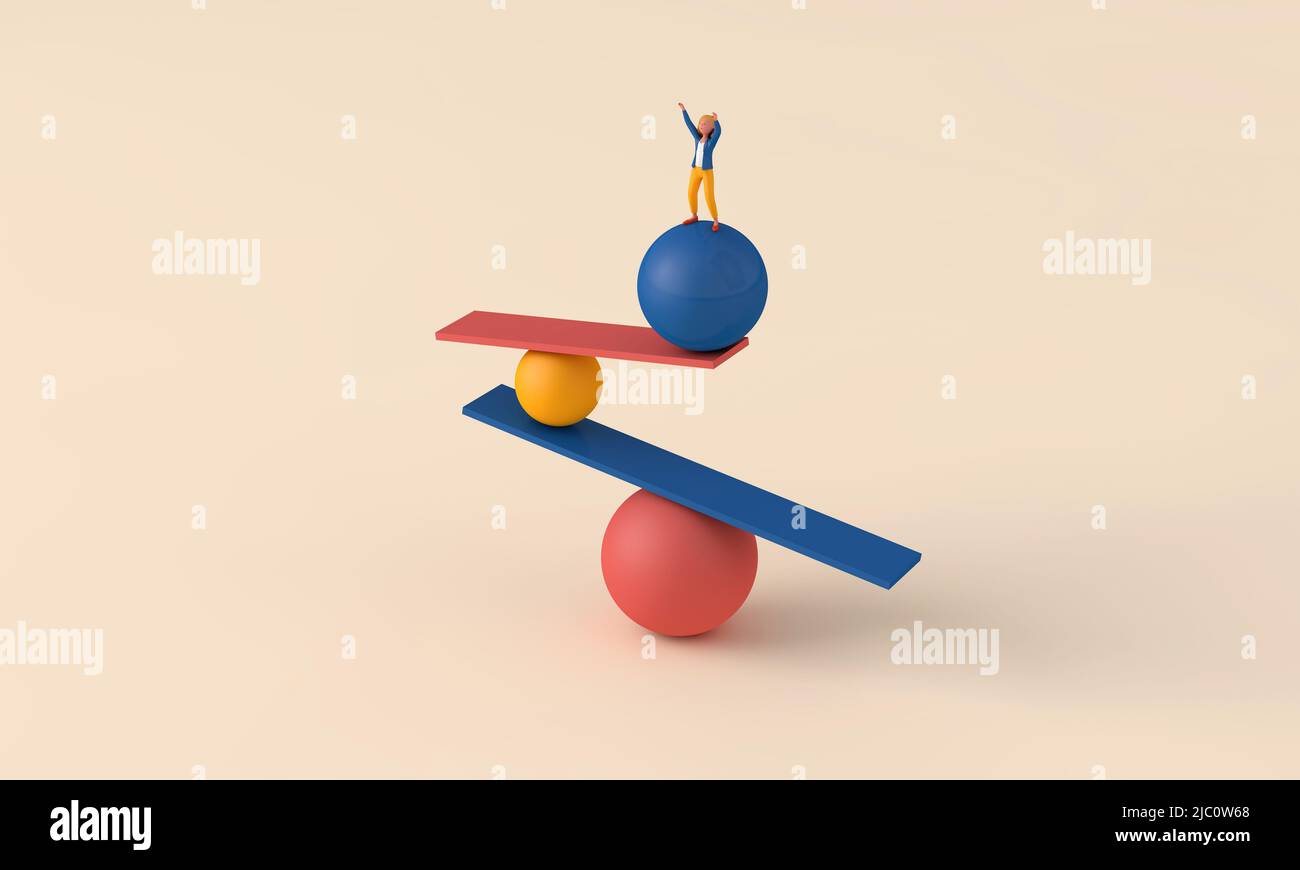 A female character balancing on unstable shapes. 3D Rendering Stock ...