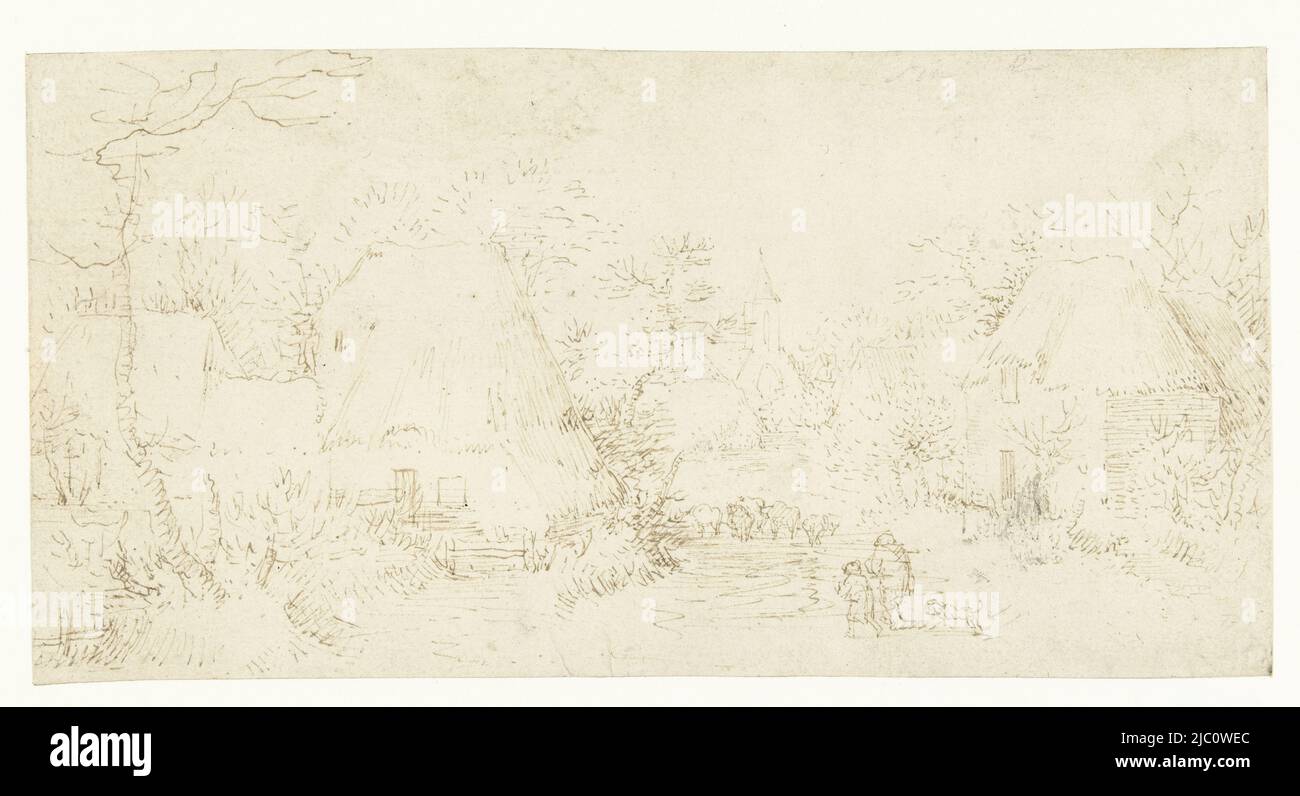 Dorpsstraat with a shepherd and his flock, a small boy and dog ...