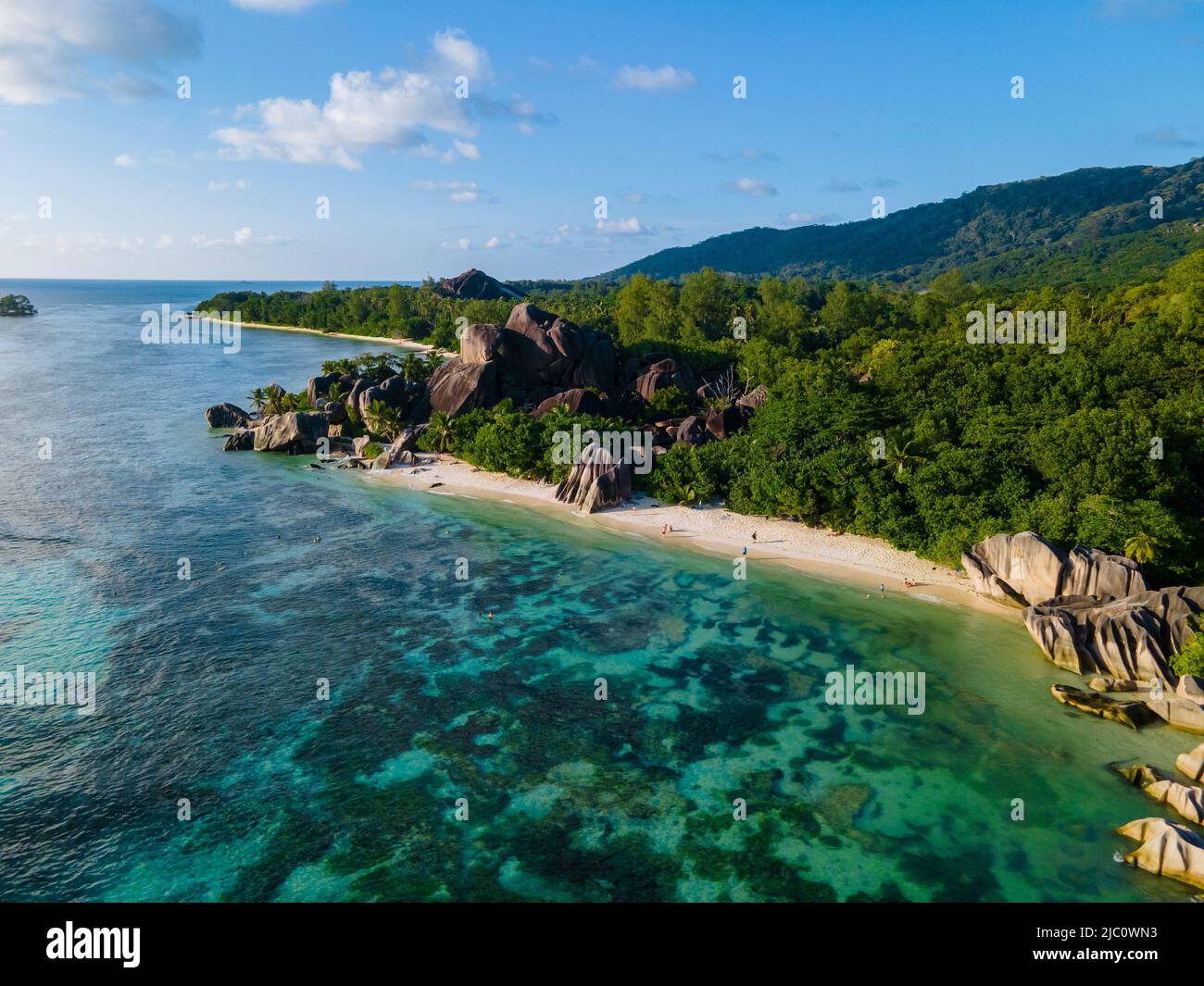 Anse Source d'Argent beach, La Digue Island, Seyshelles, Drone aerial ...
