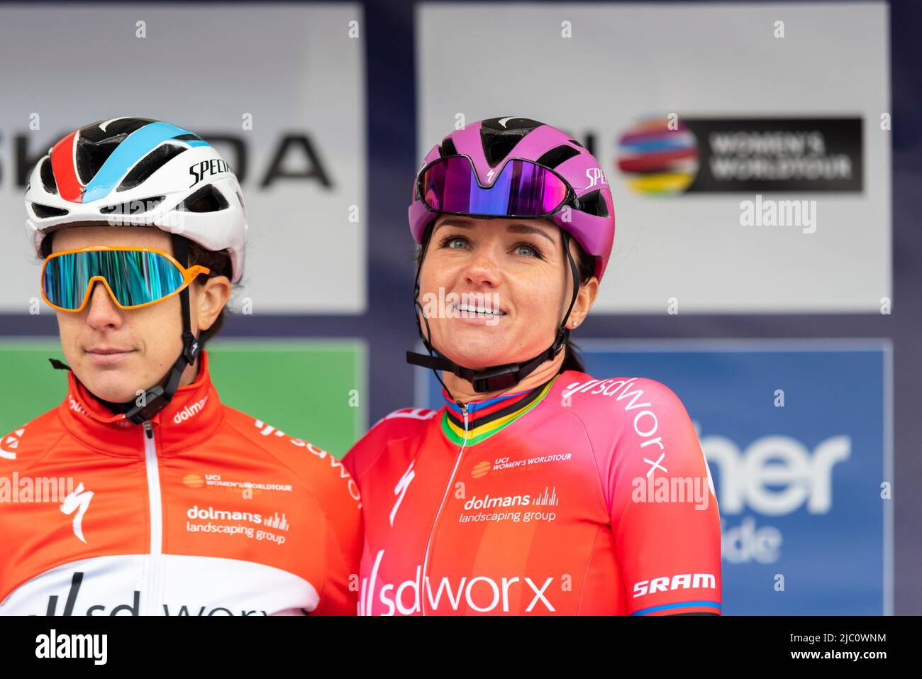 Chantal Blaak, cyclists of team SD Worx at Colchester Sports Park sign-in before competing in ...