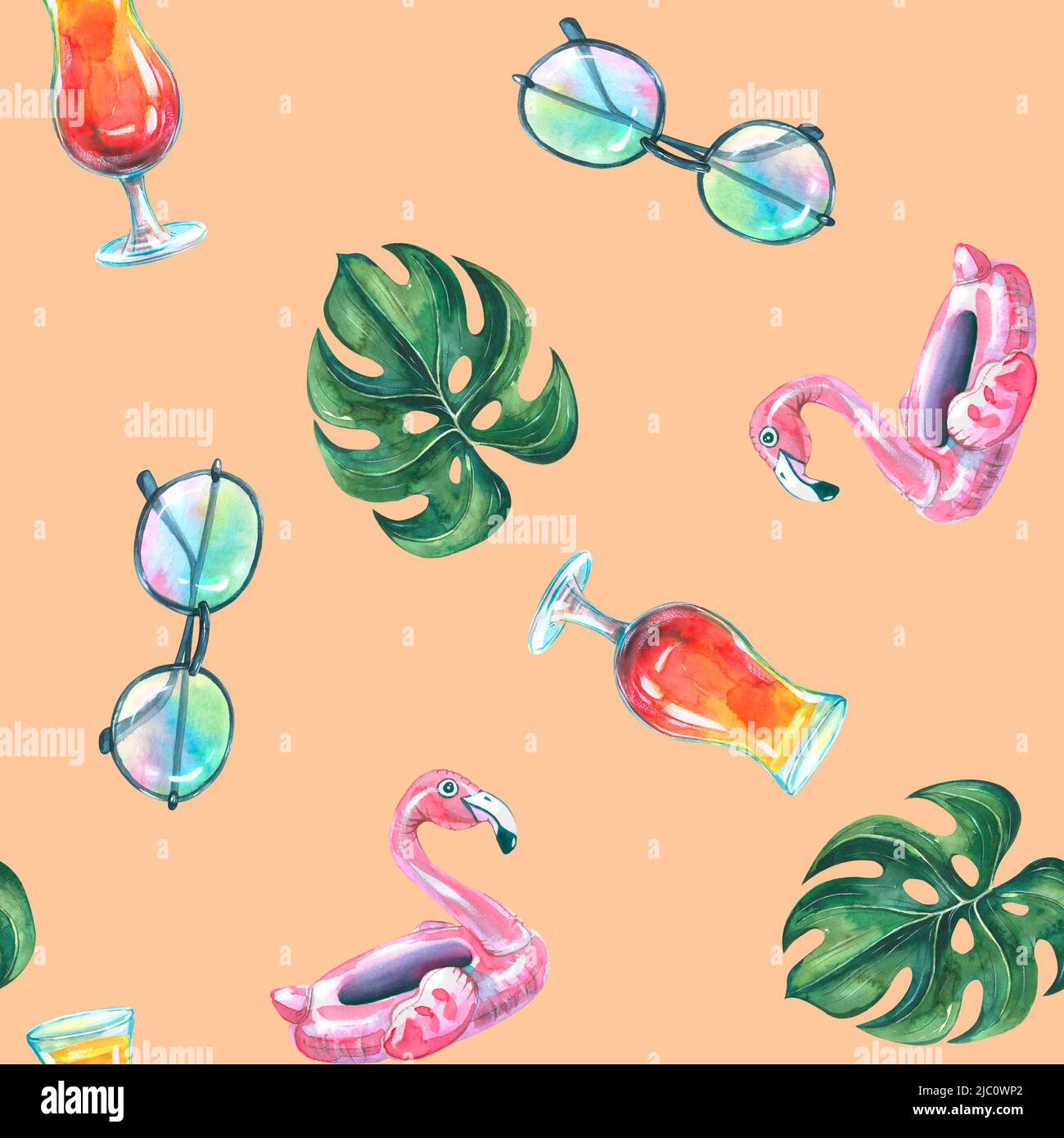 Watercolor illustration of a pattern on the theme of a beach bar. Set ...