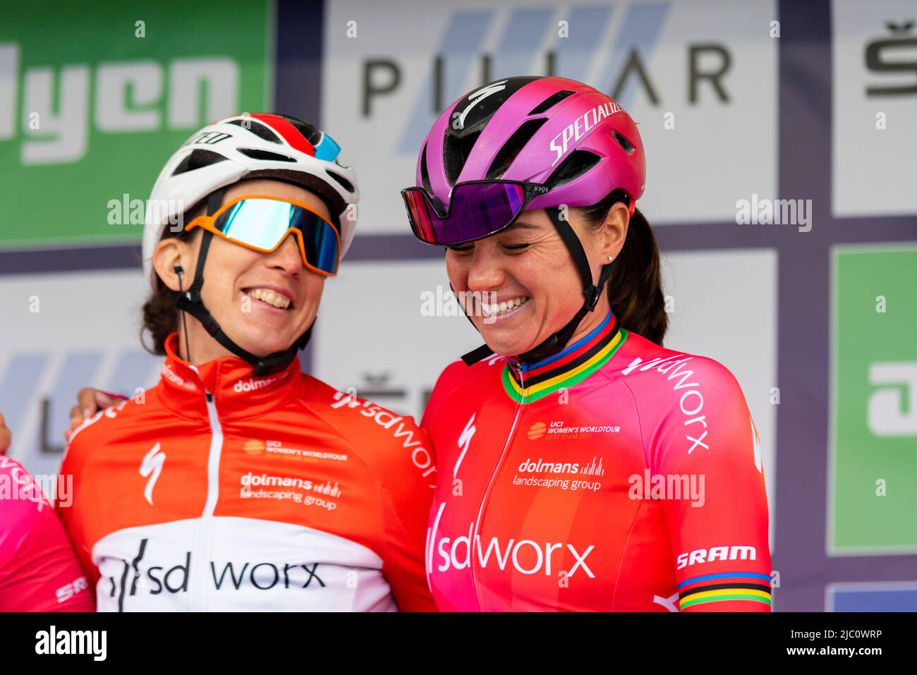 Christine Majerus & Chantal Blaak cyclist of team SD Worx at Colchester Sports Park sign-in ...