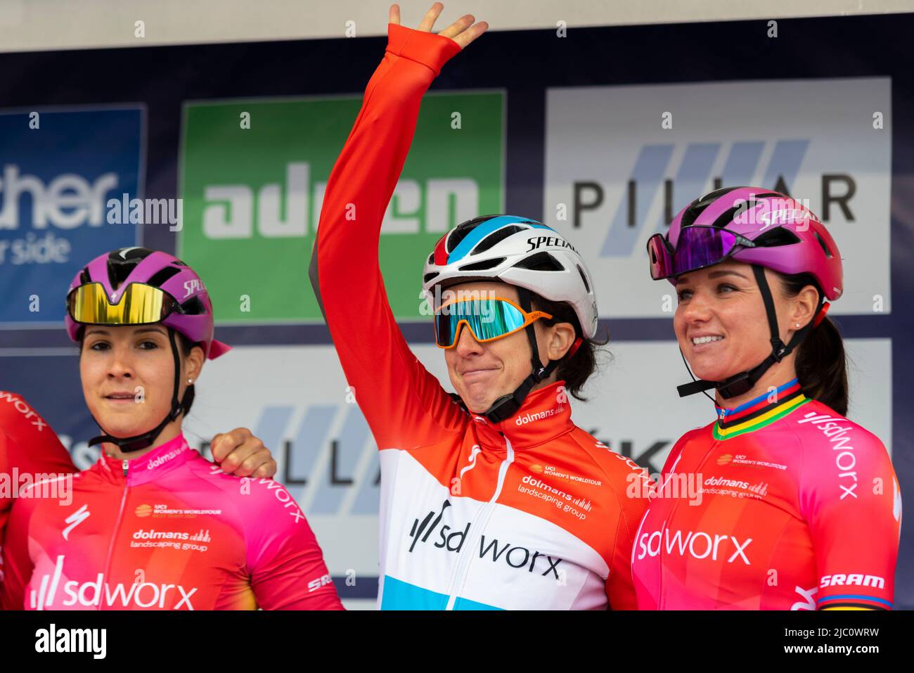 Christine Majerus, Chantal Blaak cyclists of team SD Worx at Colchester Sports Park sign-in ...