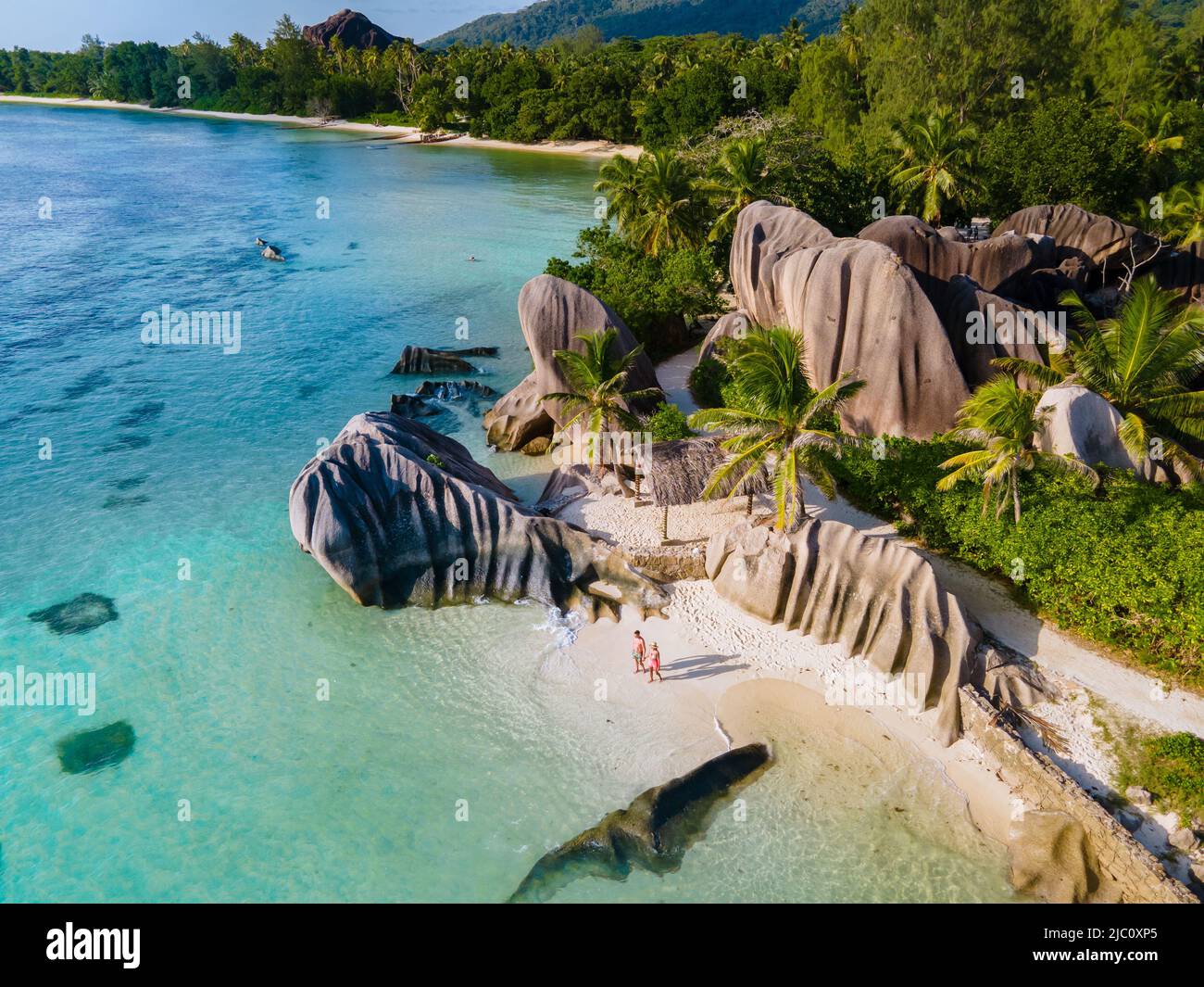 Anse Source d'Argent beach, La Digue Island, Seyshelles, Drone aerial ...