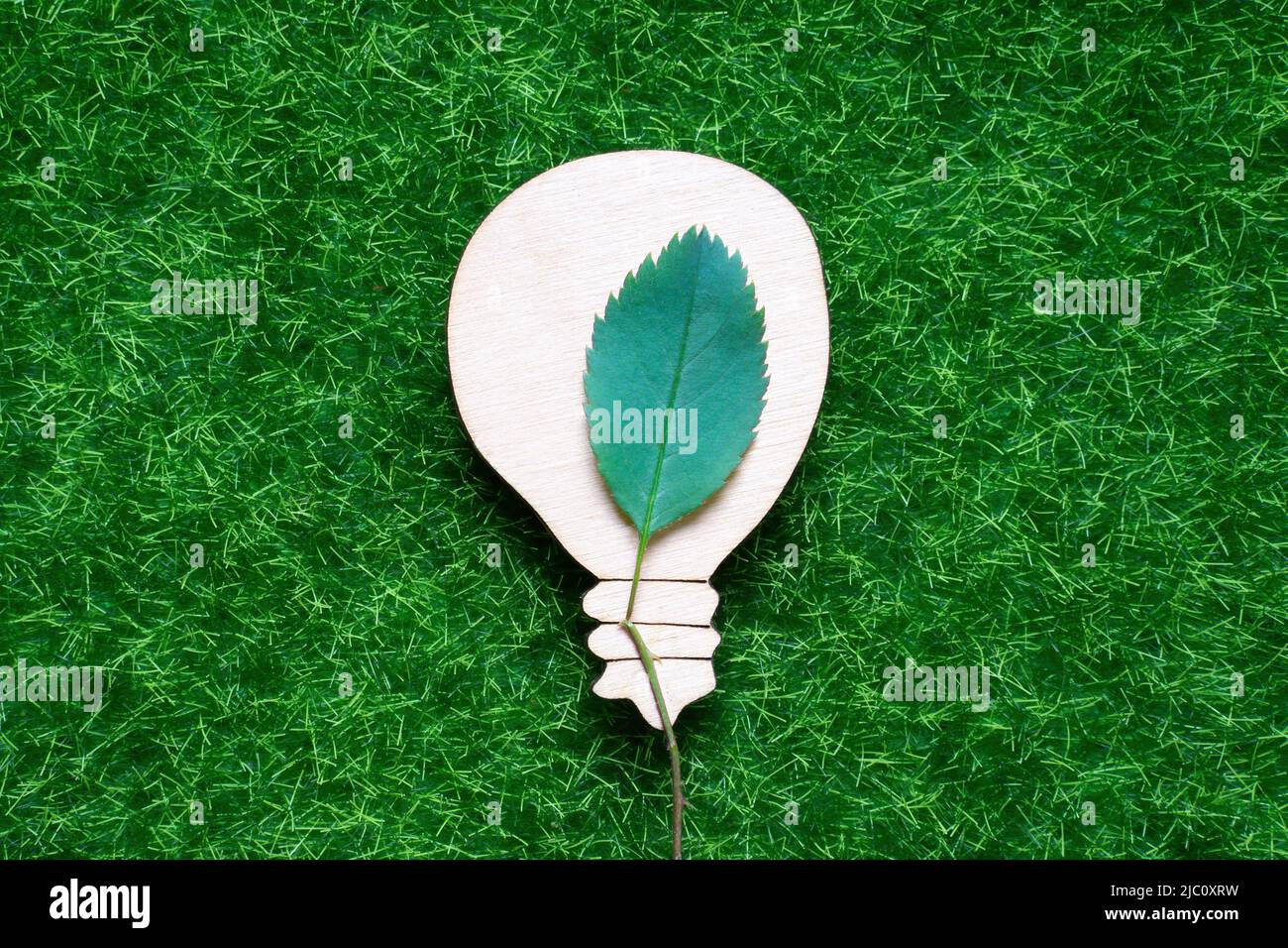 Flat wooden light bulb shape with a leaf lying on a green grass ...