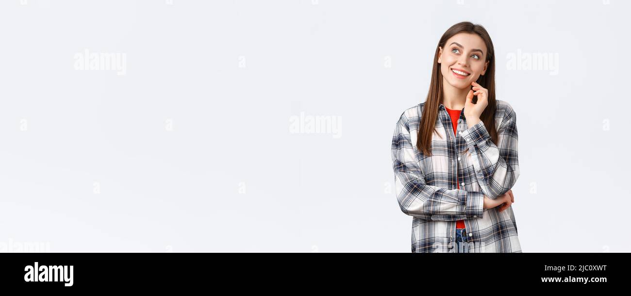 Lifestyle, different emotions, leisure activities concept. Dreamy young ...