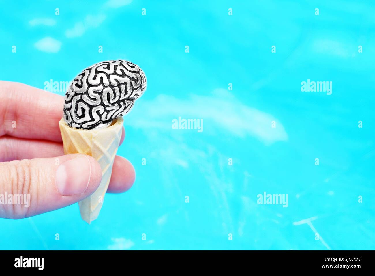 Hand holding a miniature anatomical copy of a human brain in a waffle ...