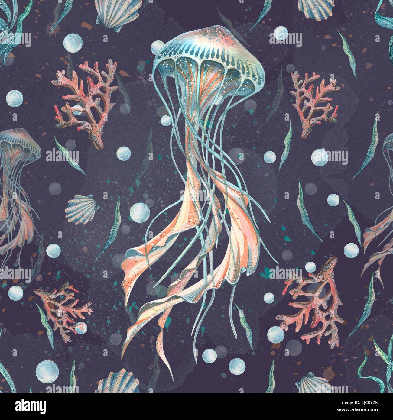 Watercolor illustration pattern starfish, shells, corals, jellyfish ...