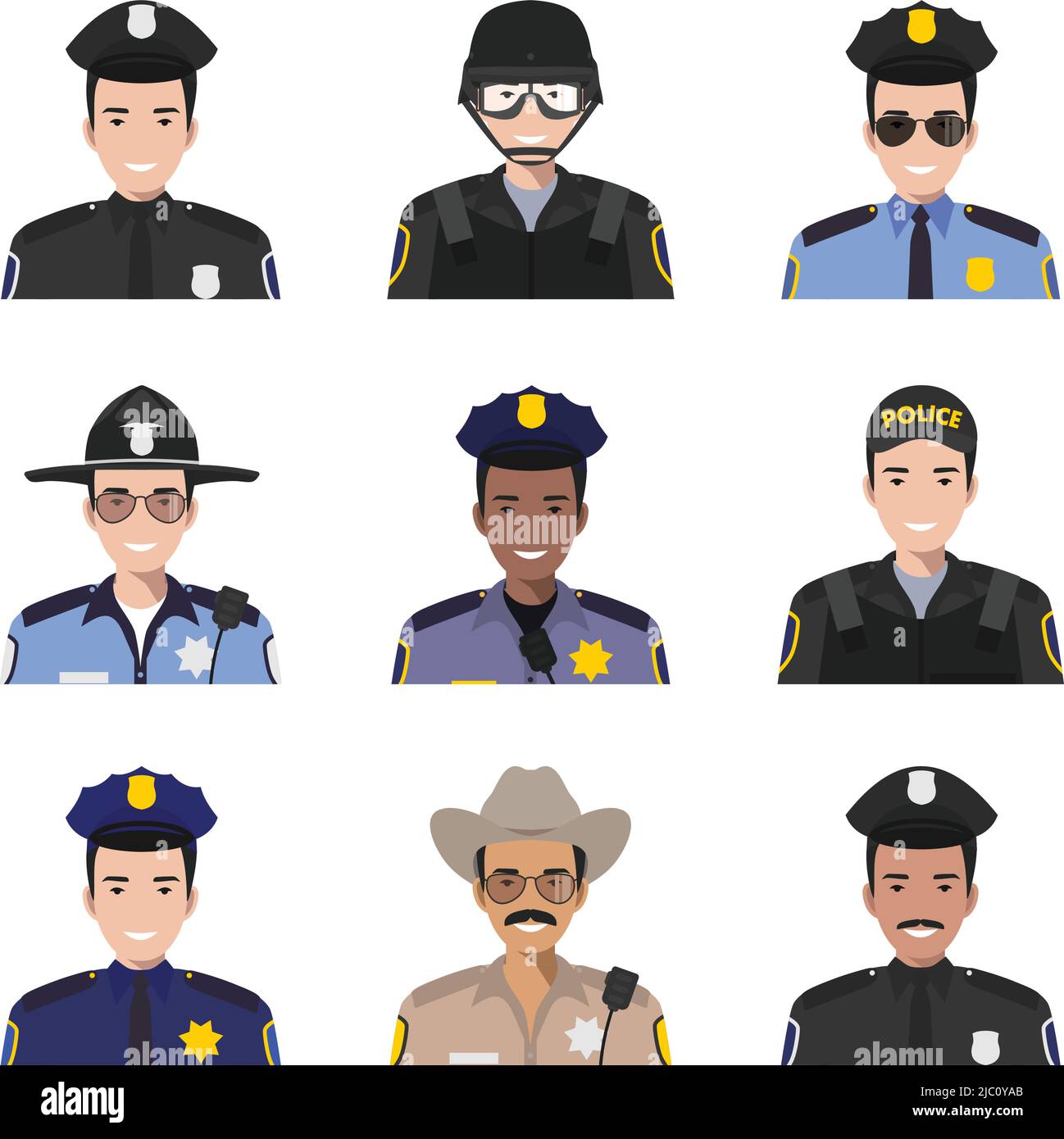 Set of colorful police flat style icons: sheriff, SWAT officer and ...