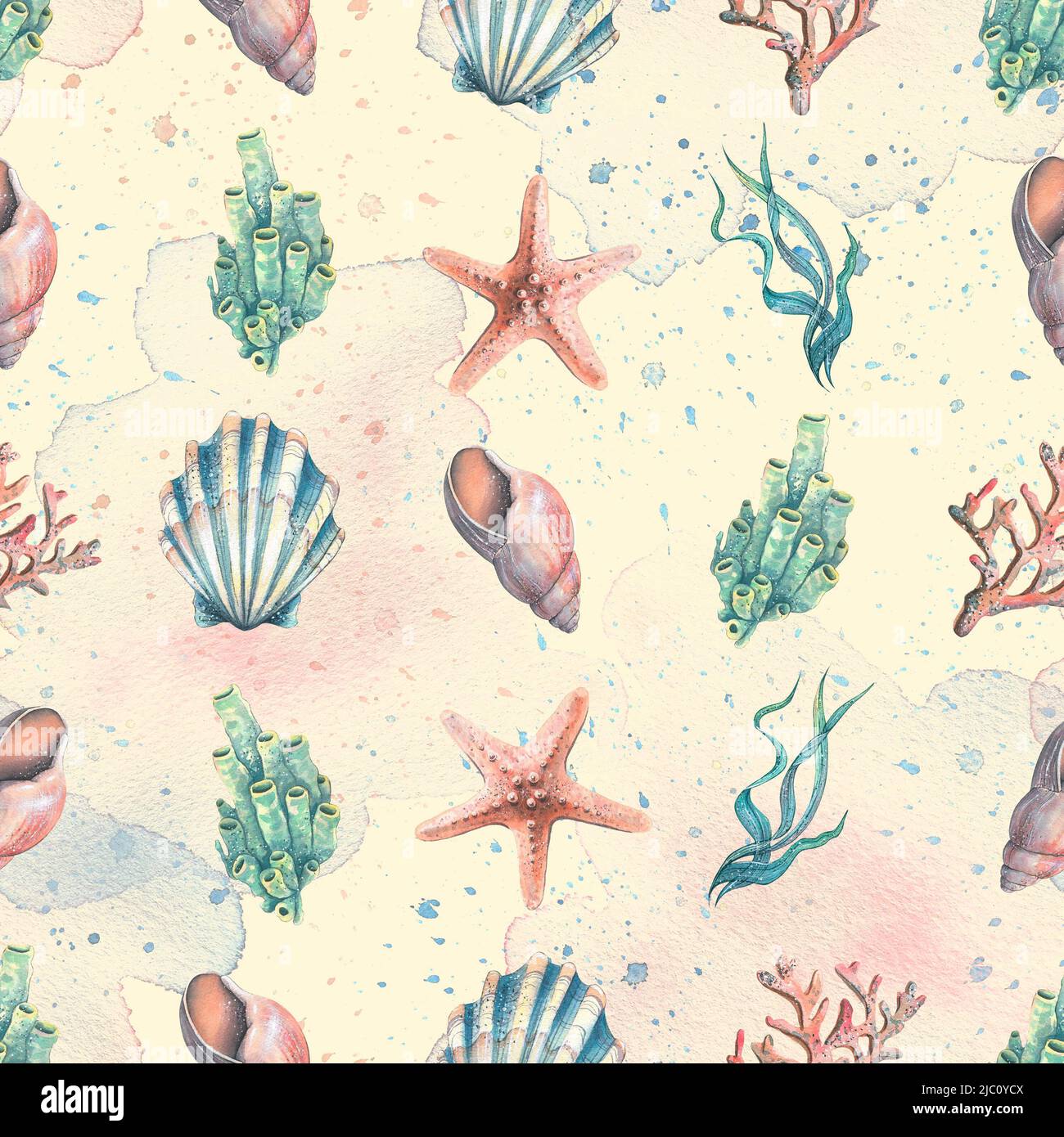 Watercolor illustration pattern starfish, shells, corals, jellyfish ...