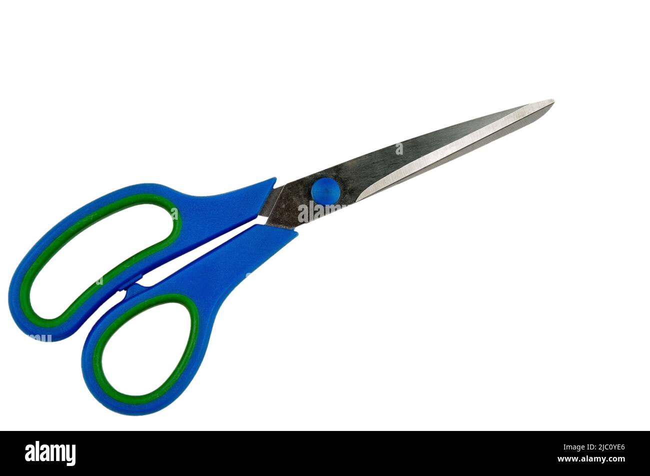 Scissors with blue handles isolated at white background with clipping ...