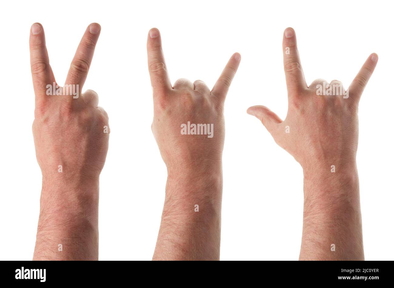 Hand signs: Victory and horn (rock’n’roll). Isolated on white ...
