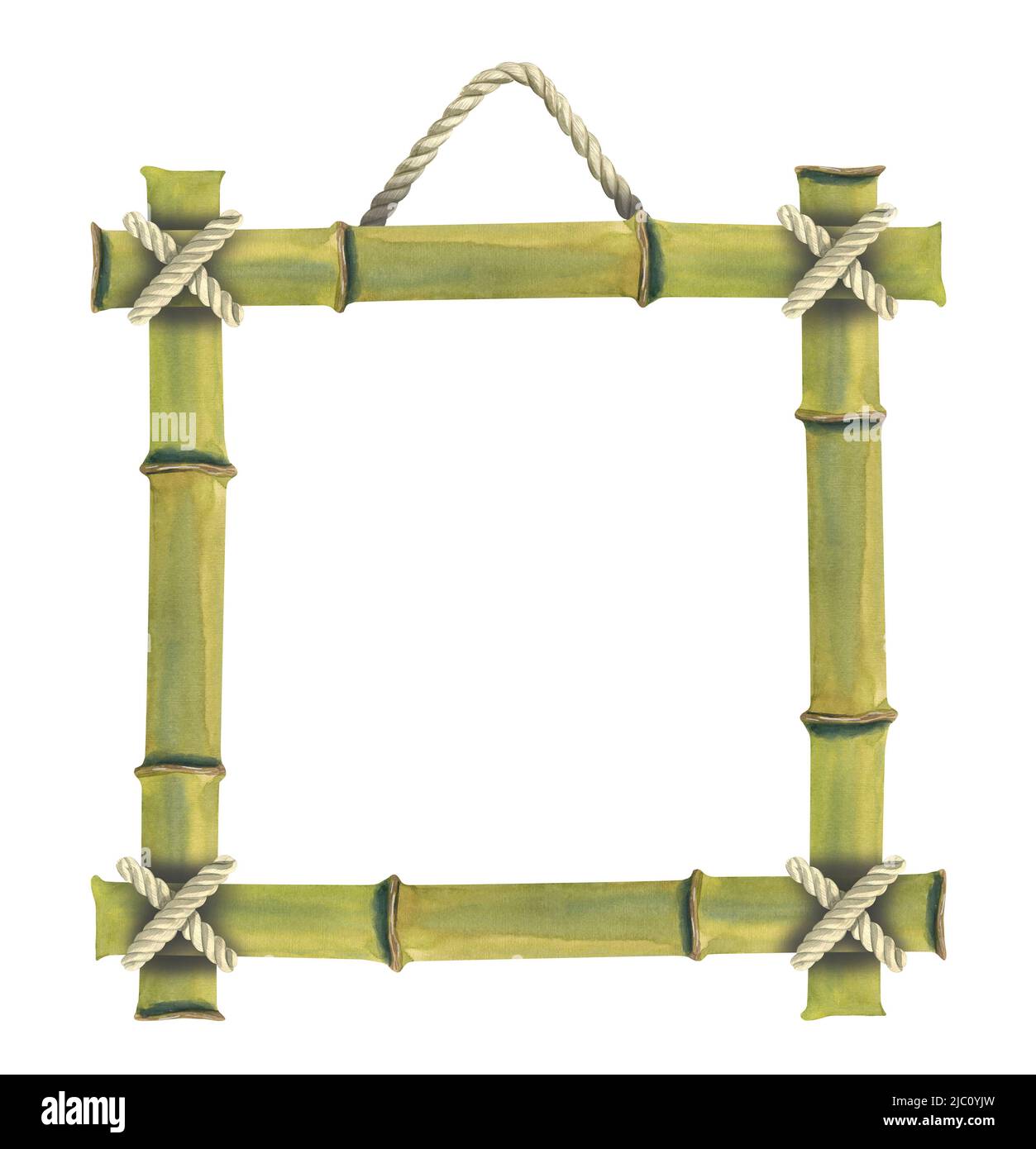 Watercolor illustration square bamboo frame with jute rope. Dry, brown ...