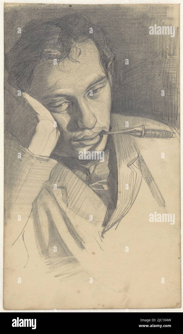 Thinking young man with cigar pipe, draughtsman: Jac van Looij, 1865 ...