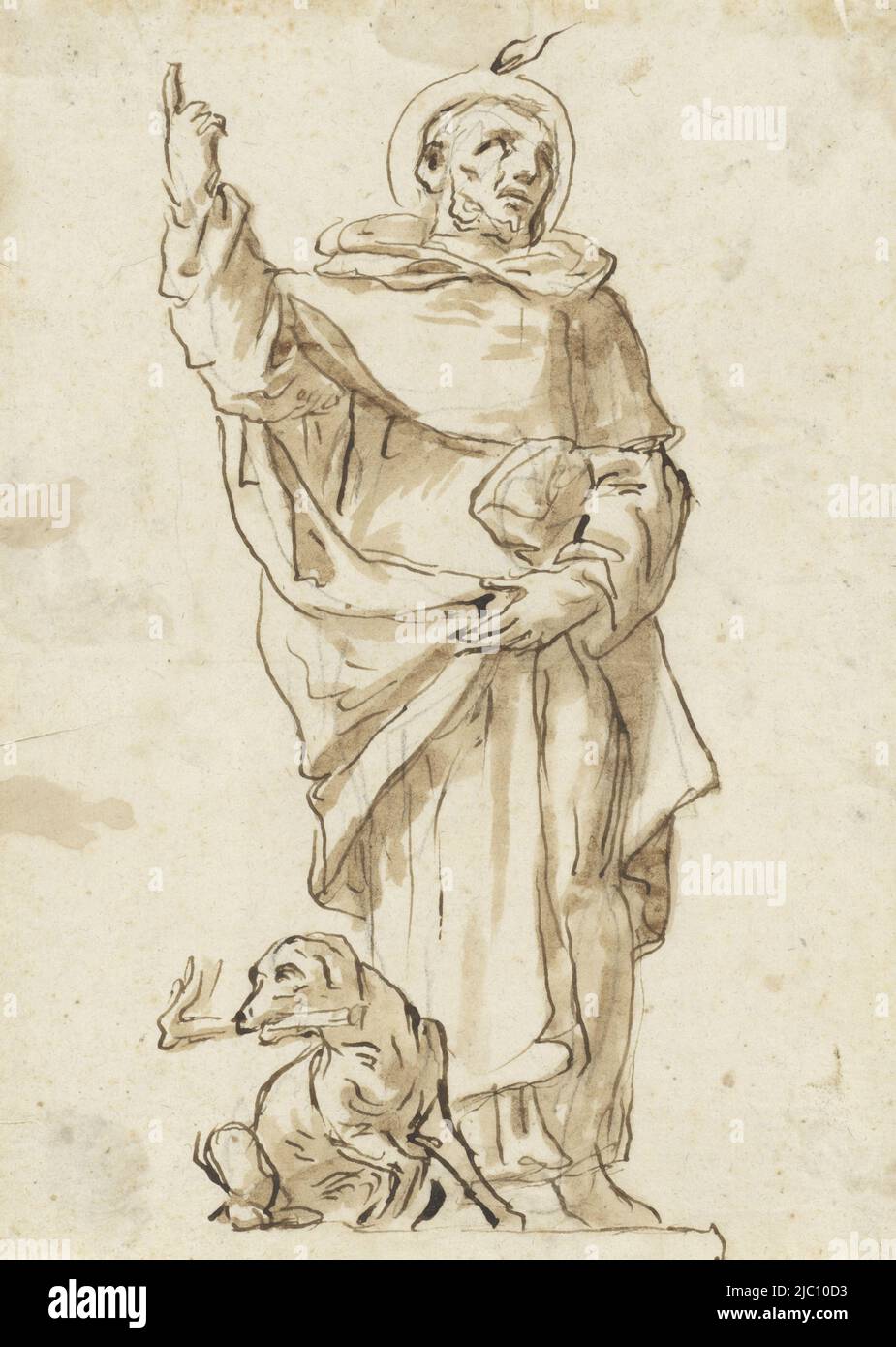 Saint Dominic stands and points up. A dog with a burning torch in his ...