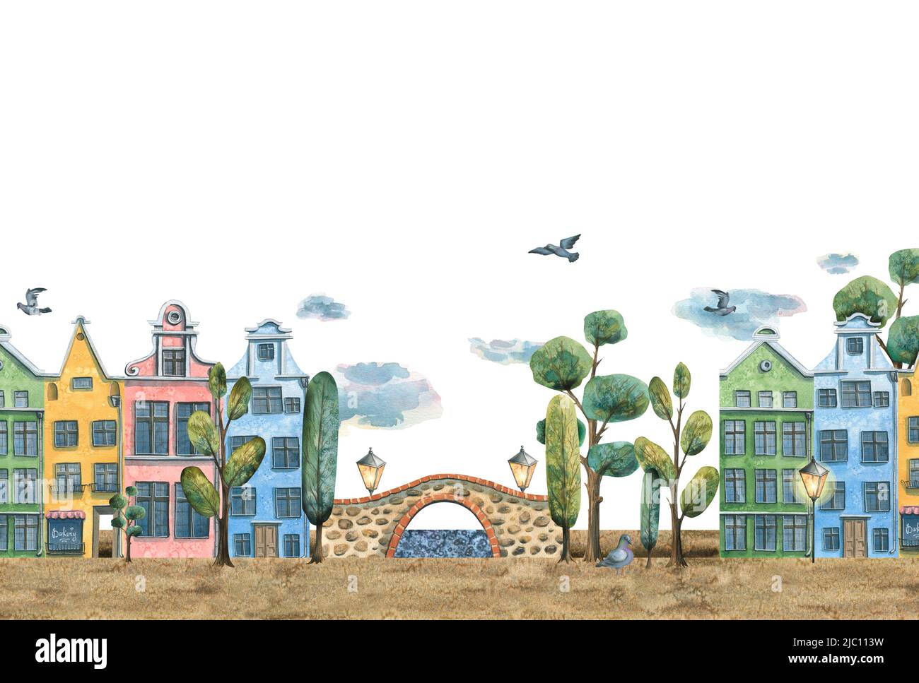 Panorama of the old European city, cute houses, bridges, lanterns ...