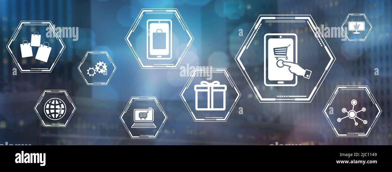 Concept of e-commerce with icons on blurred dark background Stock Photo ...