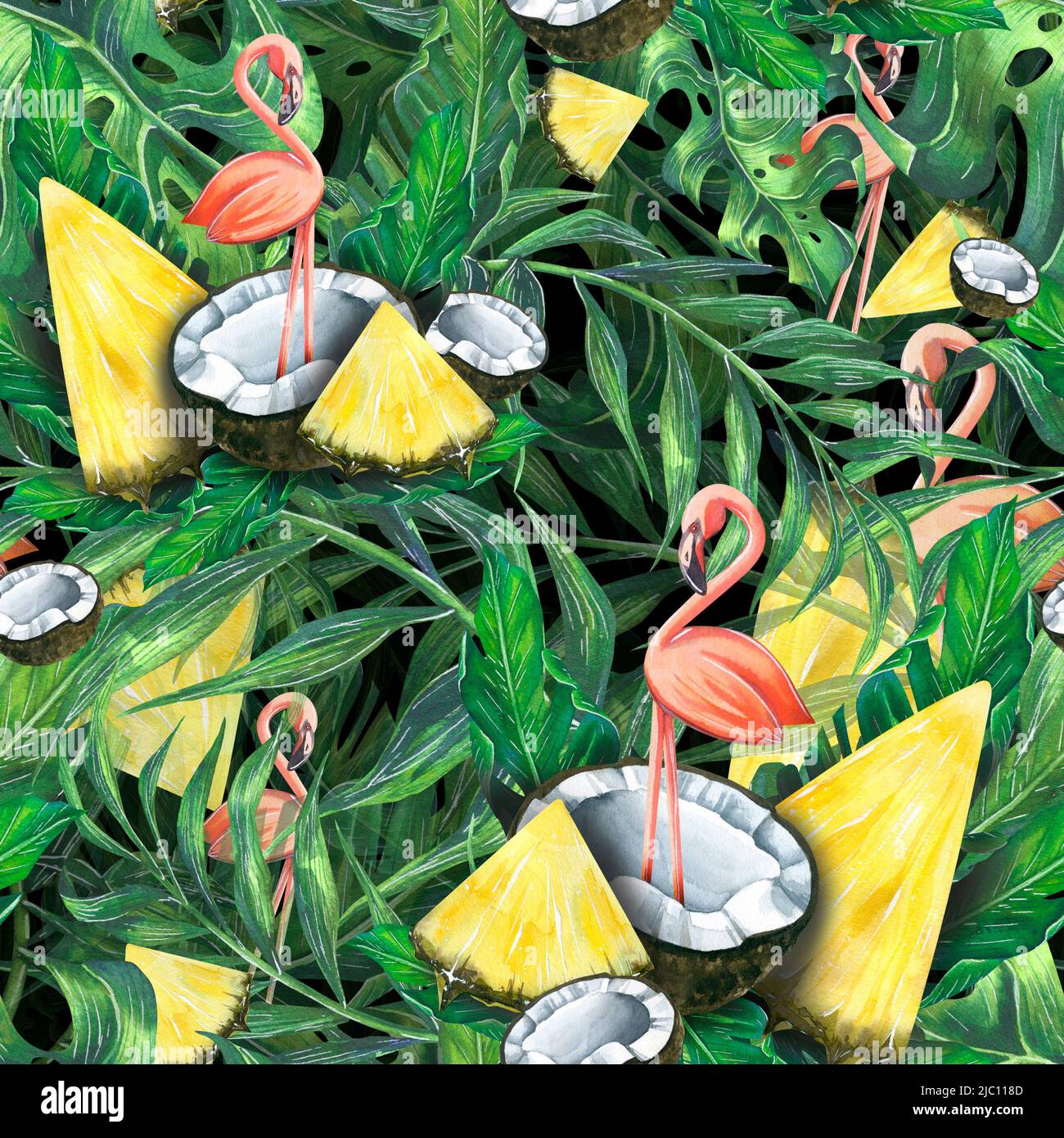 Pineapples, coconuts, pink flamingos, tropical leaves. Bright, exotic ...