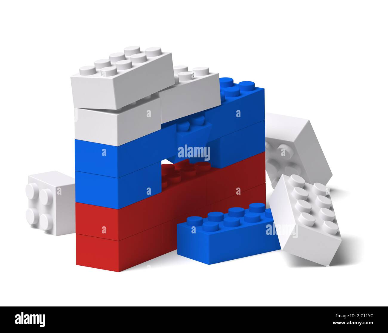 Plastic toy building block wall with Russian flag colors broken and ...