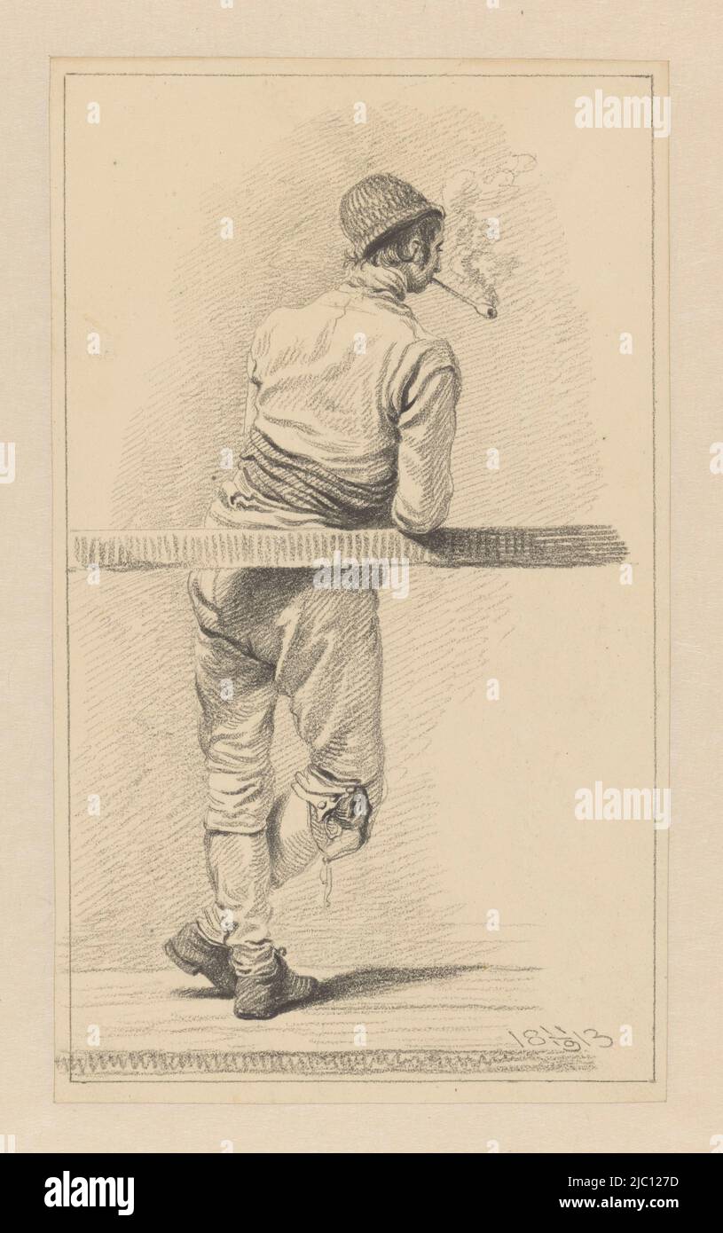Young man from behind, leaning on a beam while smoking, Smoking young ...
