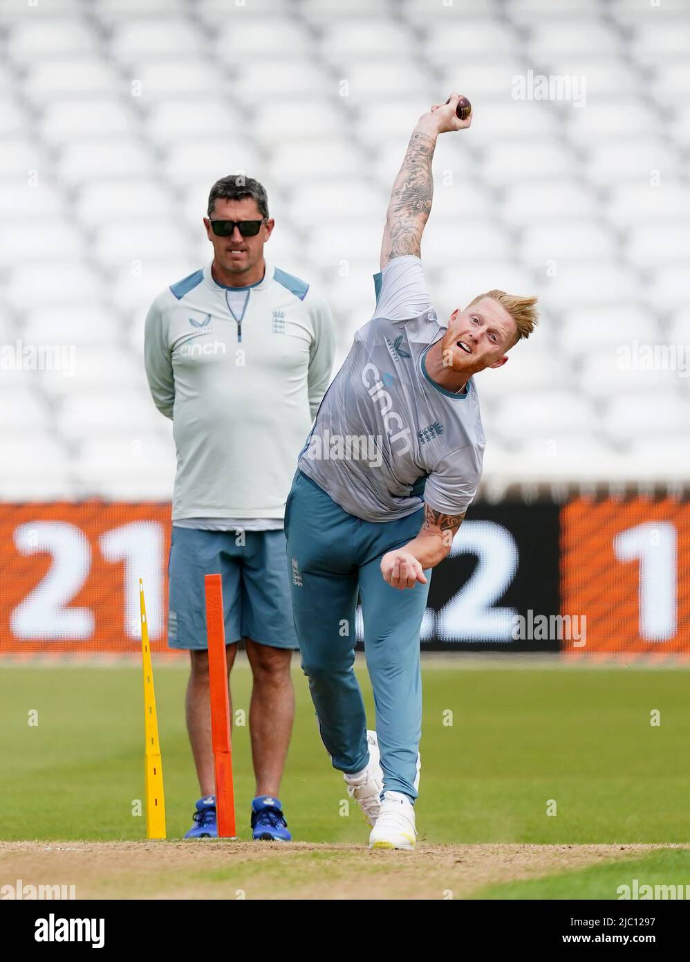 England's Ben Stokes bowling during a nets session at Trent Bridge ...