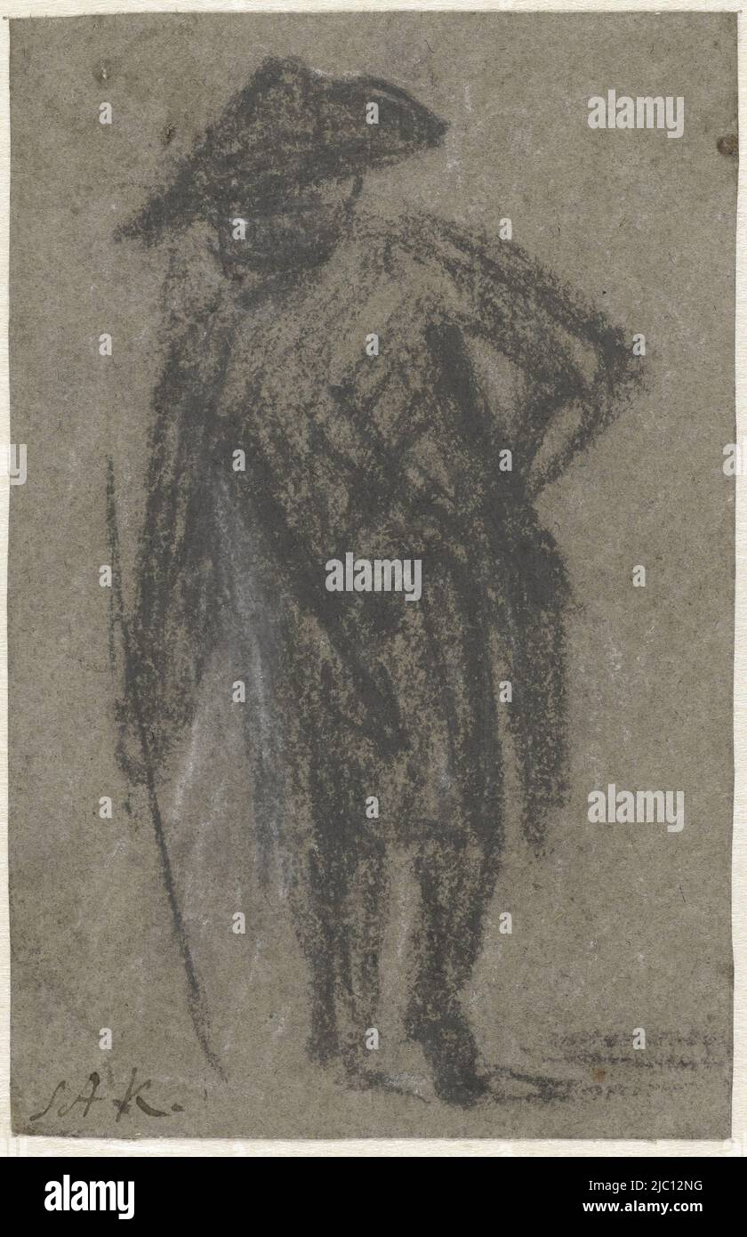 Caricature of a man with a crooked back, seen from the back ...