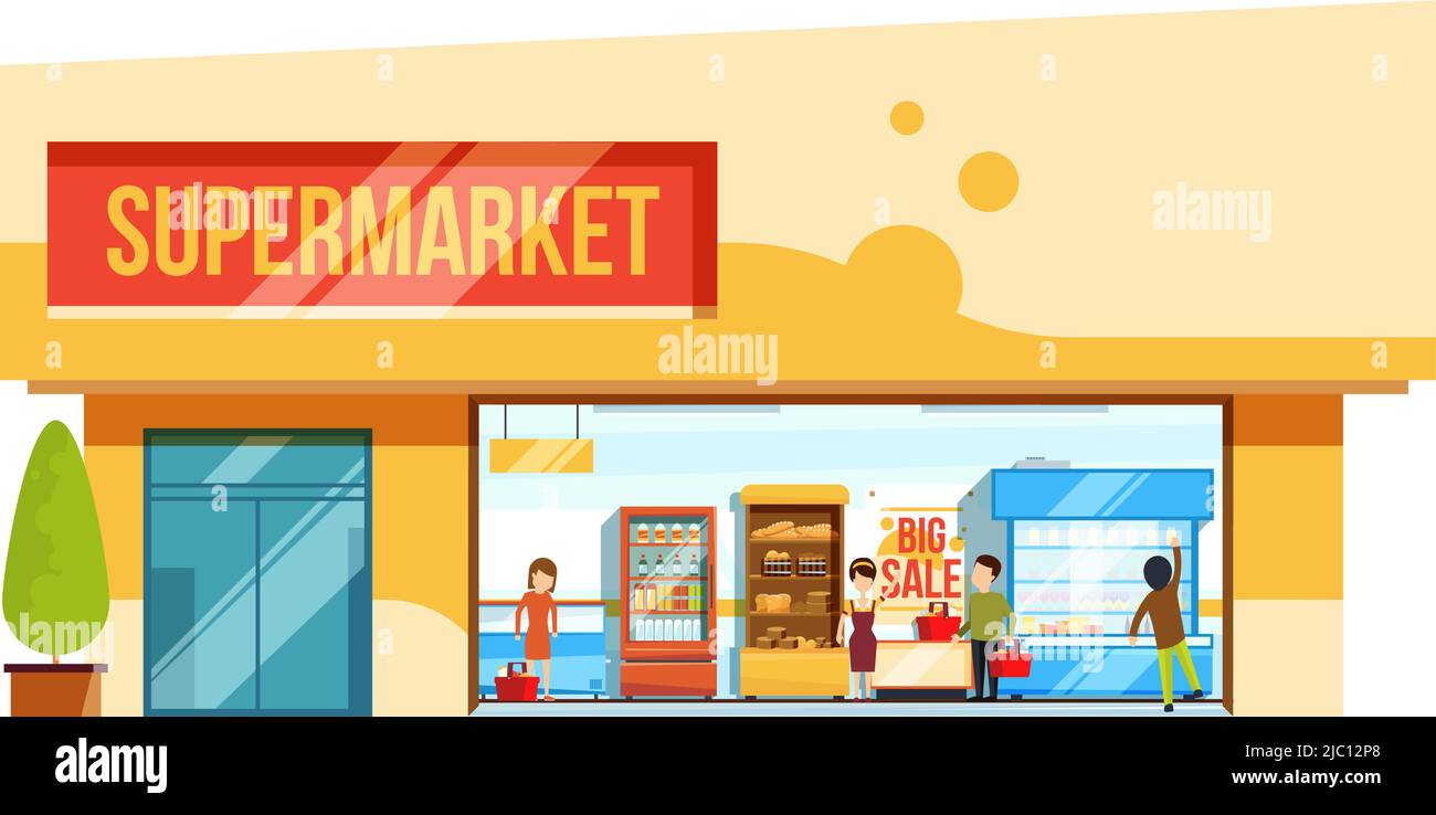 Supermarket building. Cartoon grocery store front view Stock Vector ...