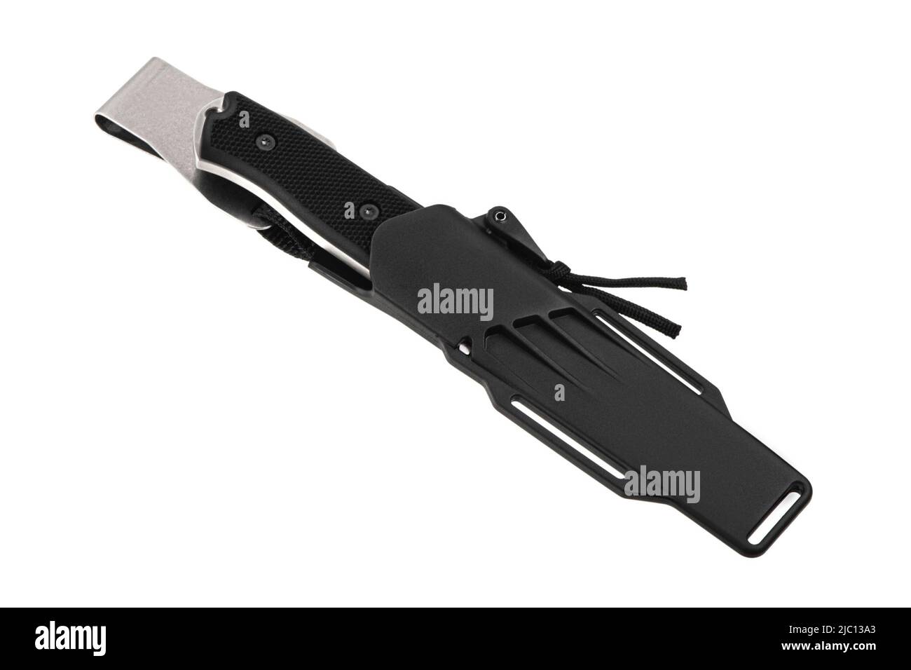 Modern hunting knife with silver blade and rubber handle. Steel arms ...