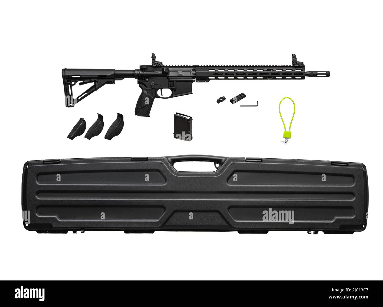 Carabiner, case and accessories set. Modern automatic rifle isolated on ...