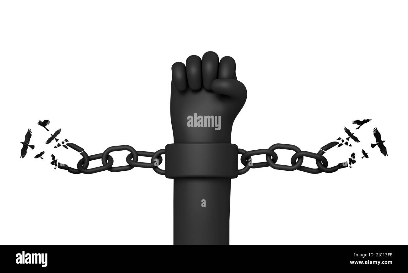 Cartoon style hand breaking free from chains. Chain turns to birds. 3D ...