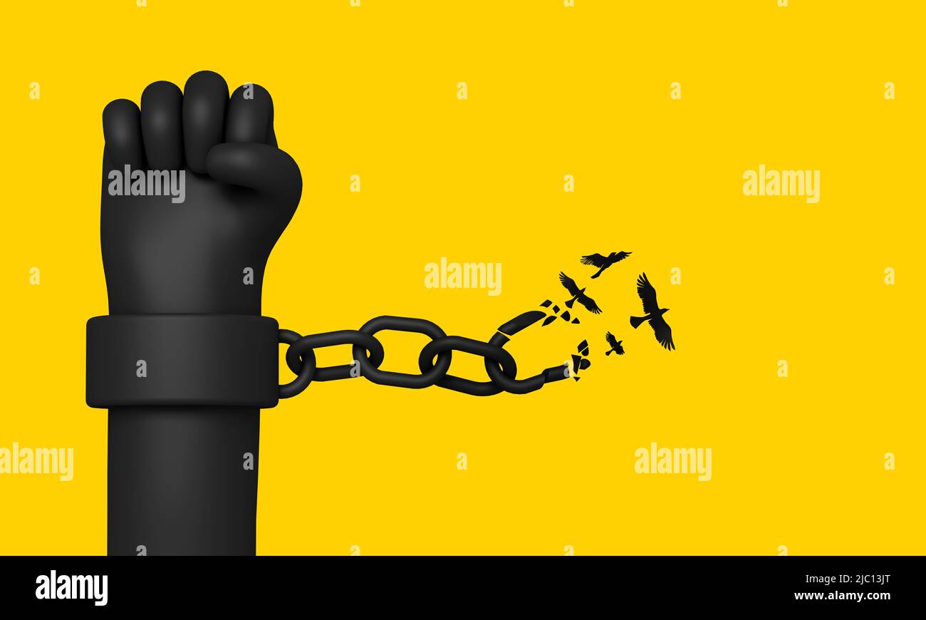 Cartoon style hand breaking free from chains. Chain turns to birds. 3D ...