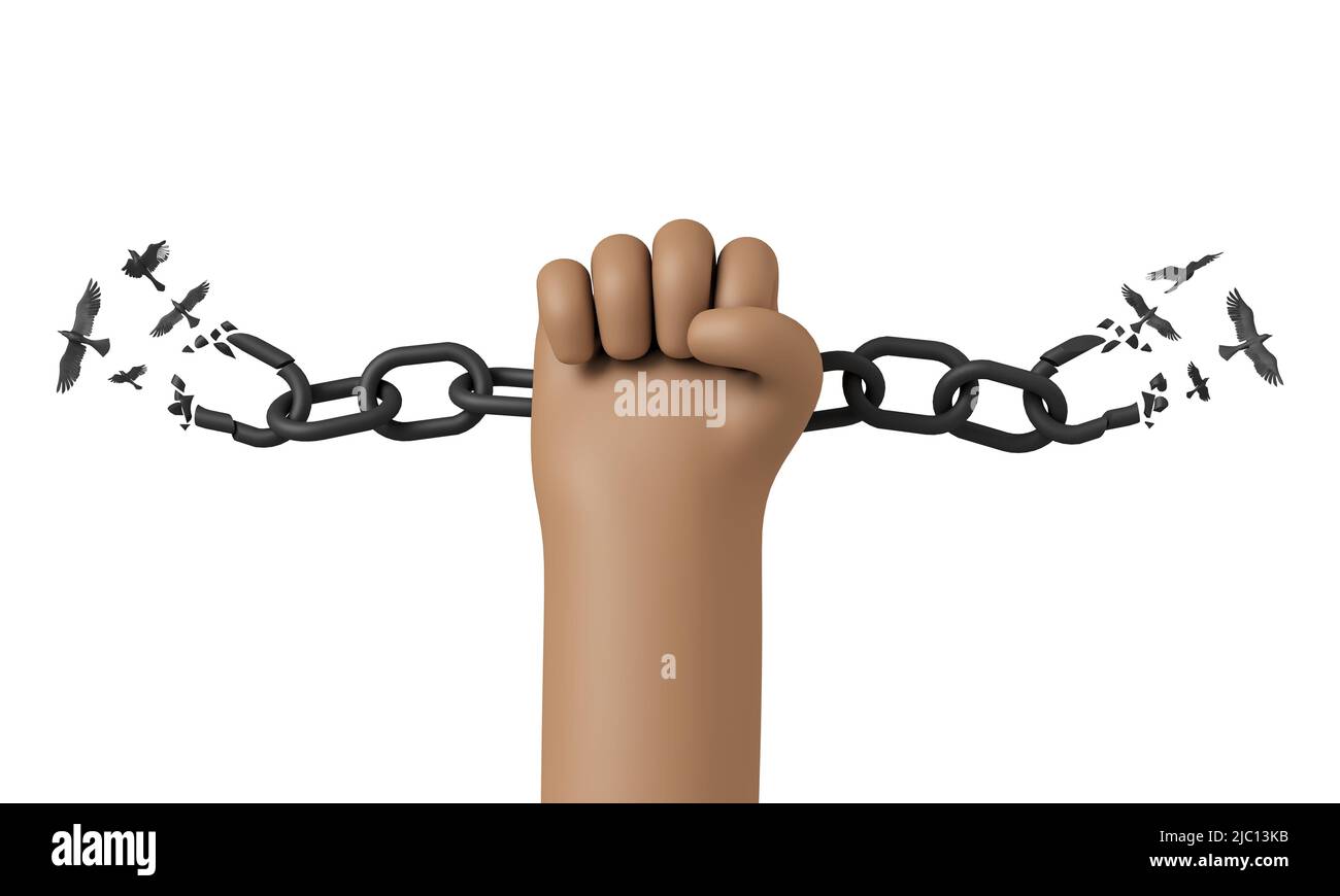 Cartoon style hand breaking free from chains. Chain turns to birds. 3D ...