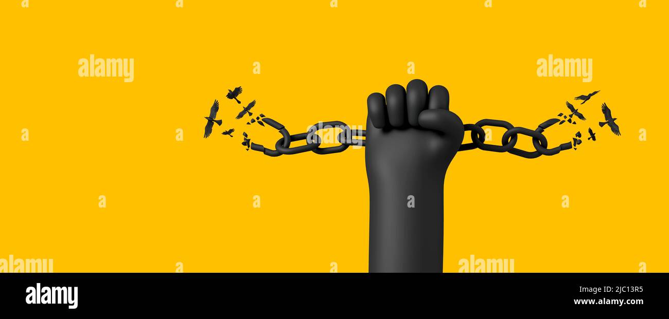 Cartoon style hand breaking free from chains. Chain turns to birds. 3D ...