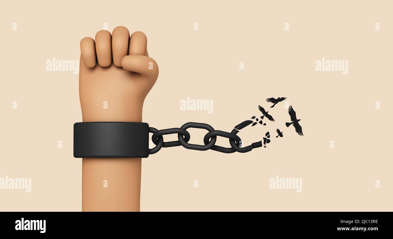 Cartoon style hand breaking free from chains. Chain turns to birds. 3D ...
