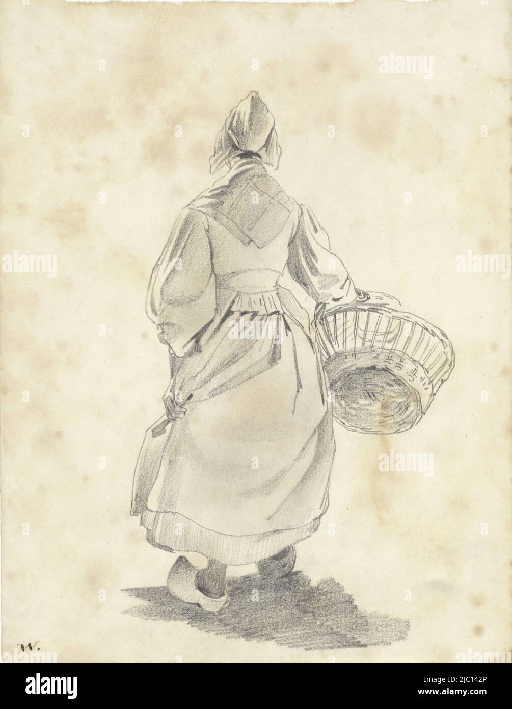 Standing woman with basket, seen from the back, draughtsman: Pieter van ...