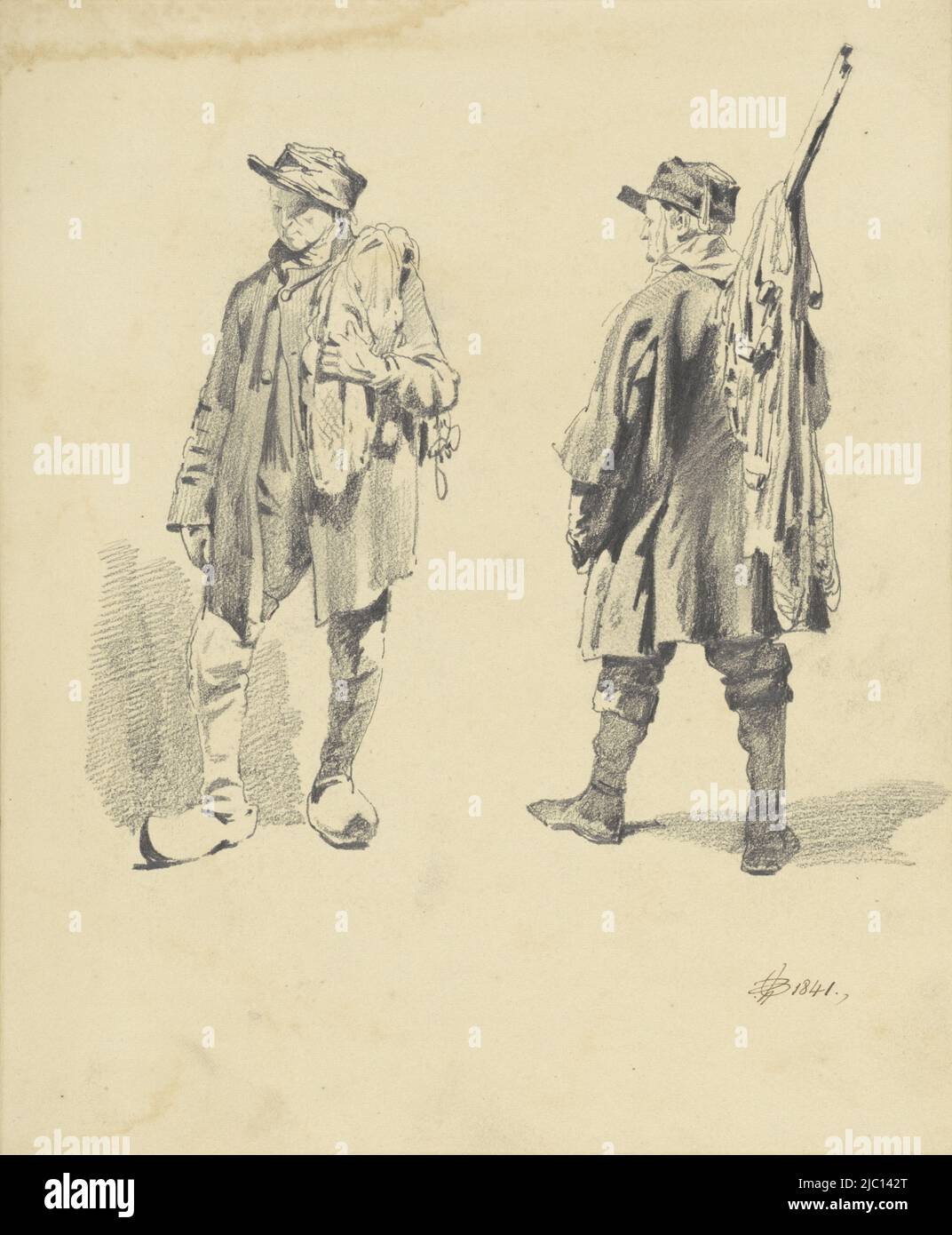 Two studies of a standing man, draughtsman: Pieter van Loon, 1841 ...