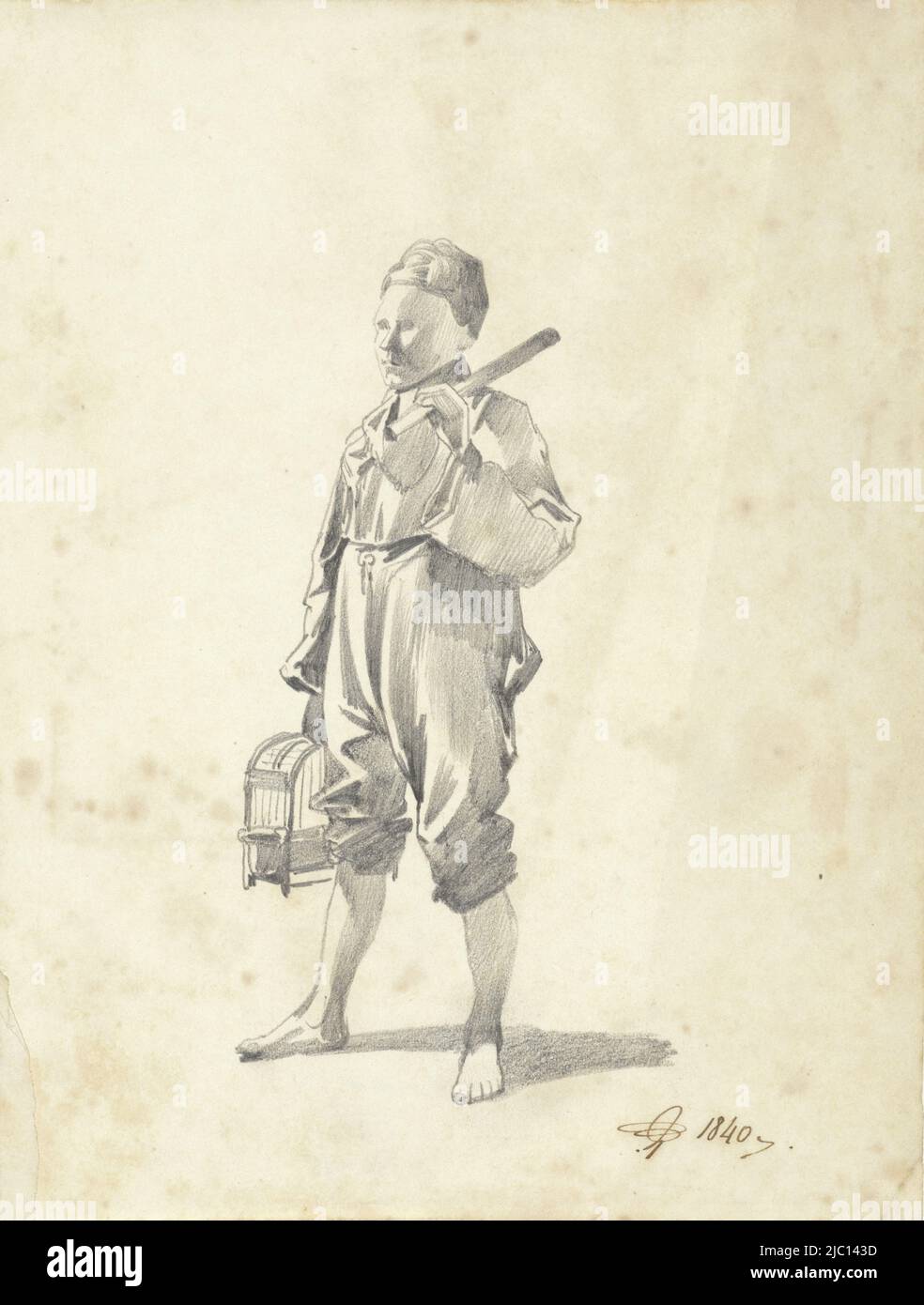 Boy with a birdcage, to the left, draughtsman: Pieter van Loon, 1840 ...