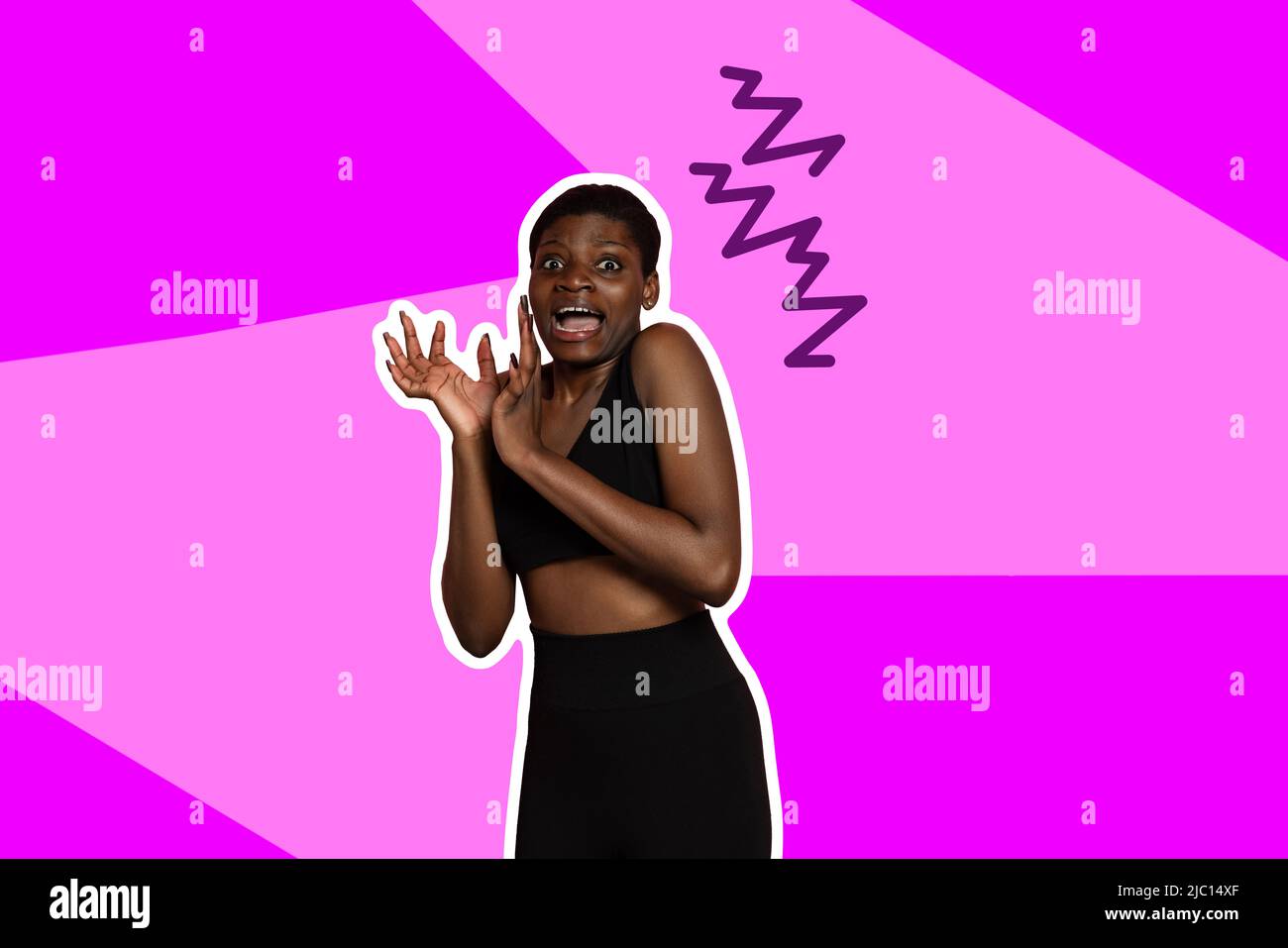 Young shocked girl looks scared at camera isolated on magenta color ...