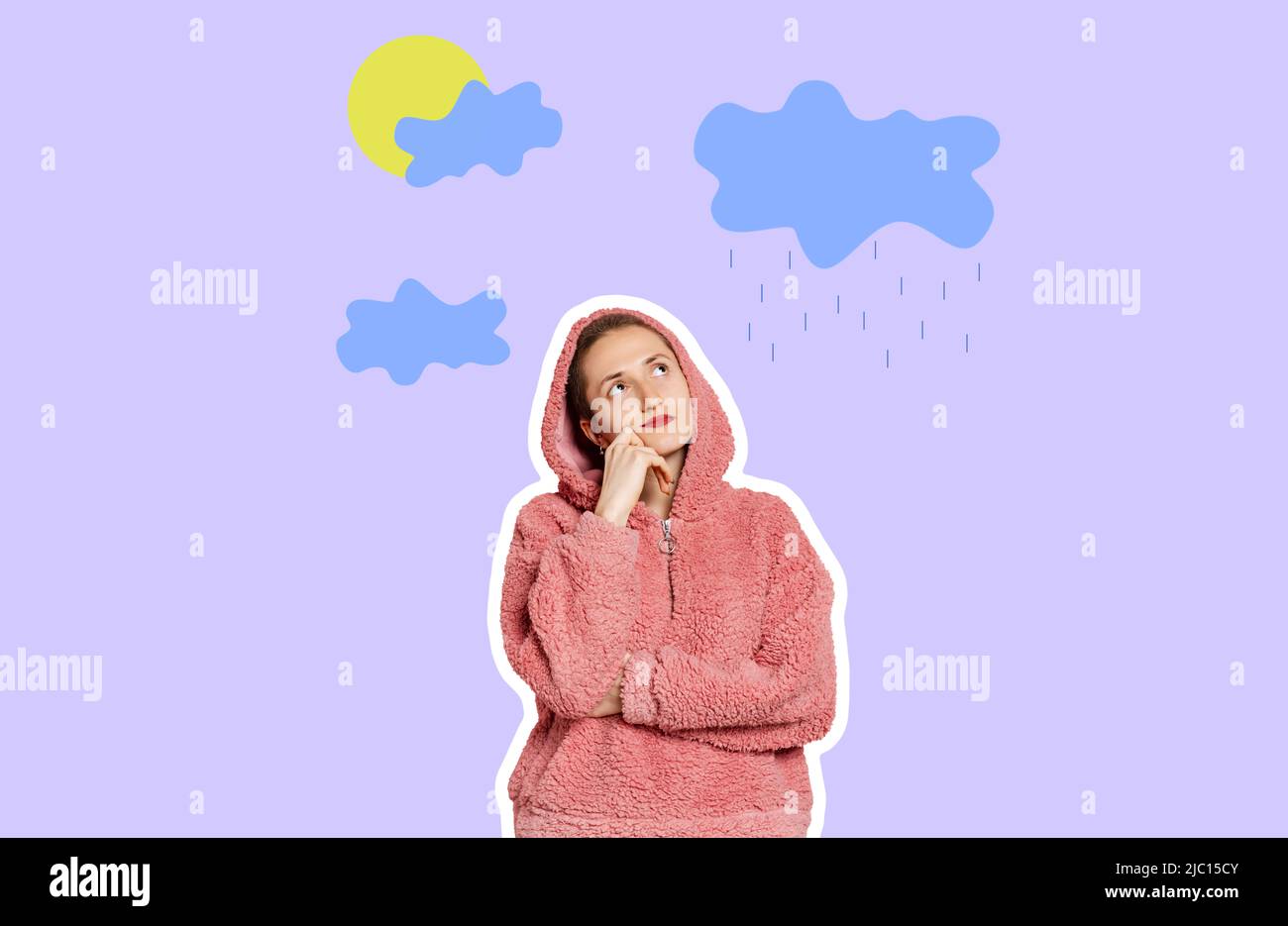 Young sad girl thinking, dreaming on lilac background. Collage in ...