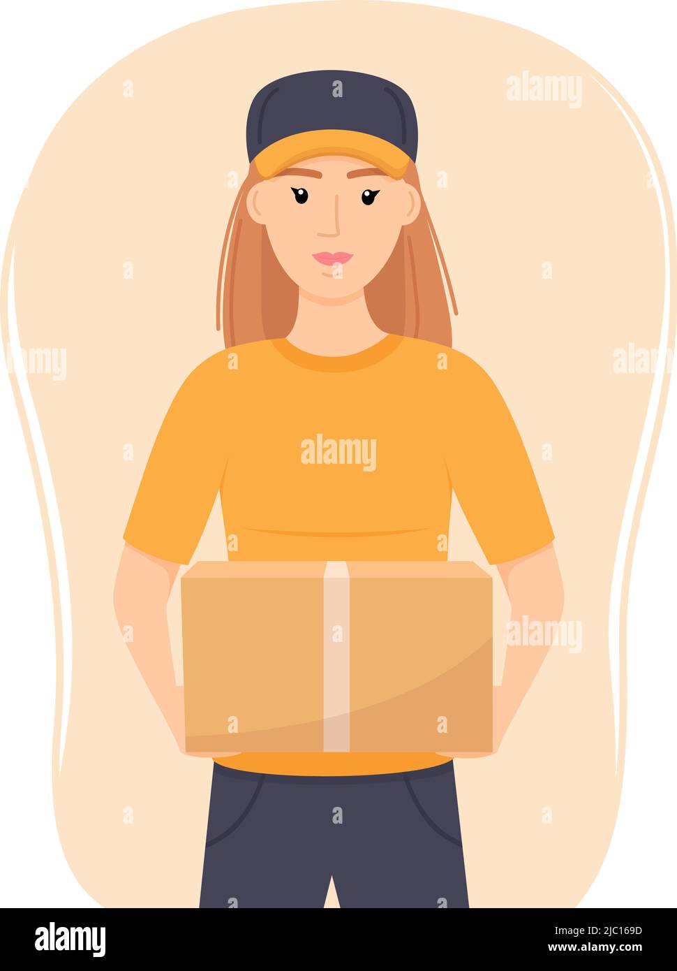 Delivery woman in uniform holding box. Delivery service. Vector ...