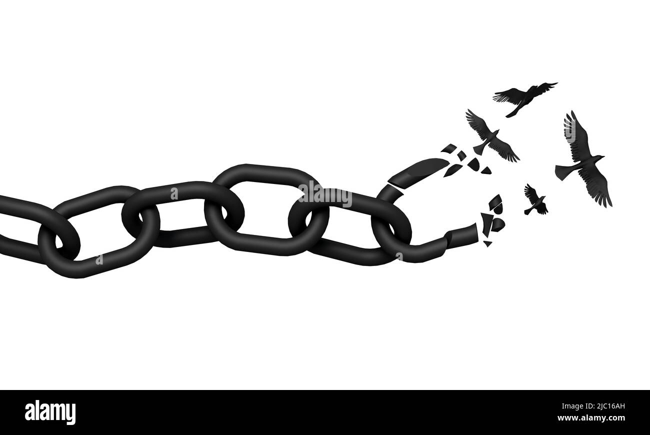 A chain breaking and turning into peace doves. Freedom concept. 3D ...