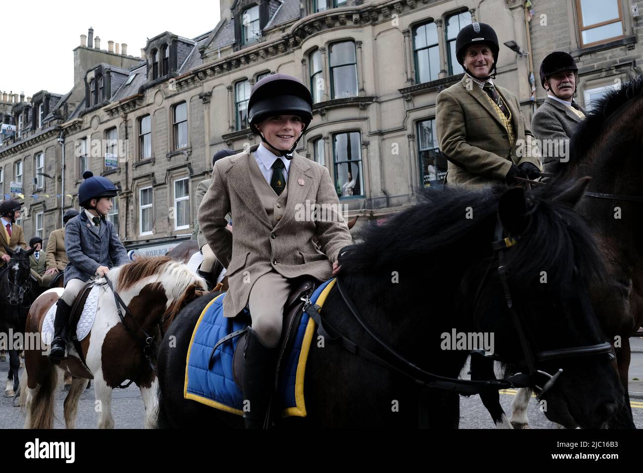 Hawick, UK. 09th June, 2022. Mounted supporters follow the cornet in ...