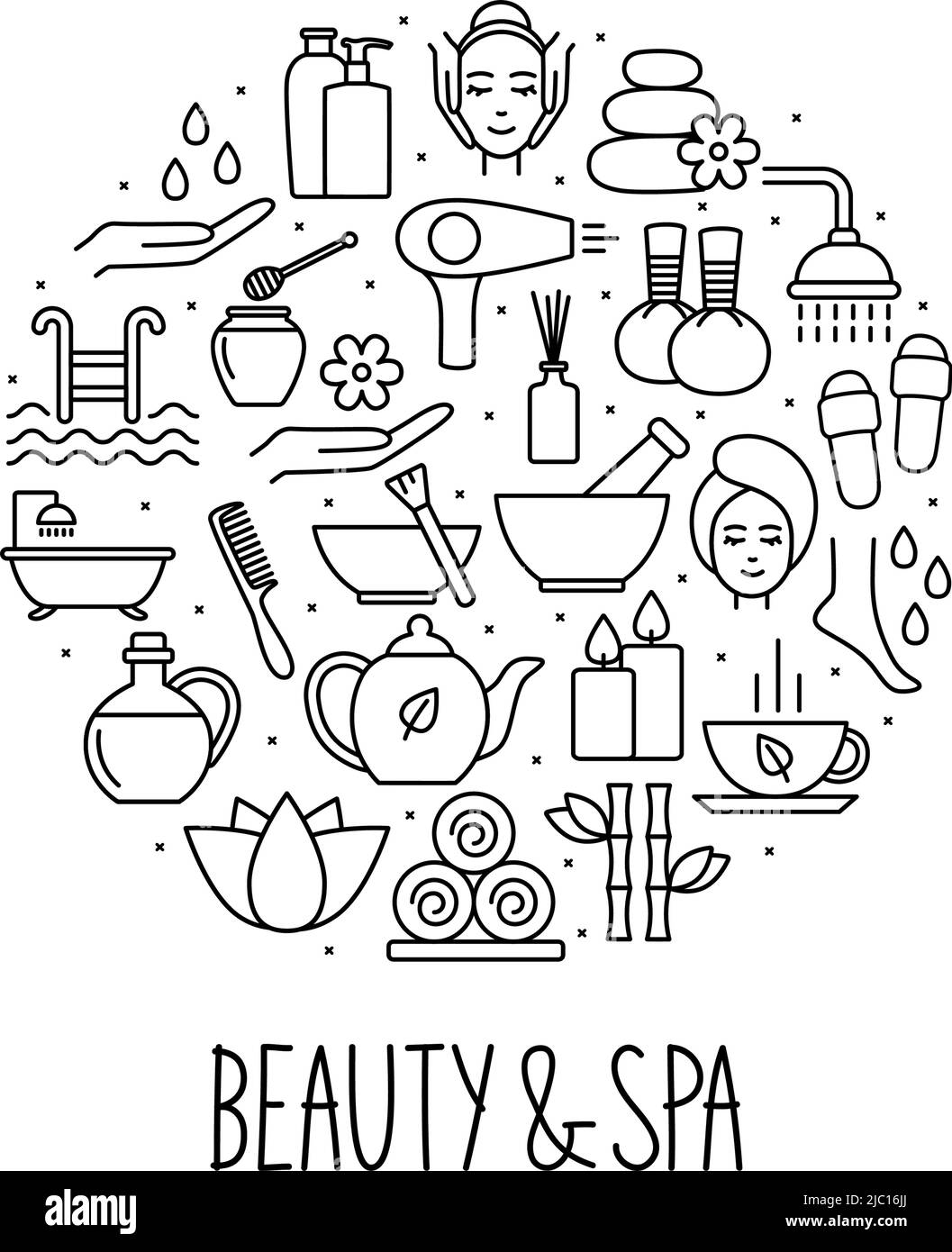 Round banner with spa and beauty icons in linear style. Vector ...