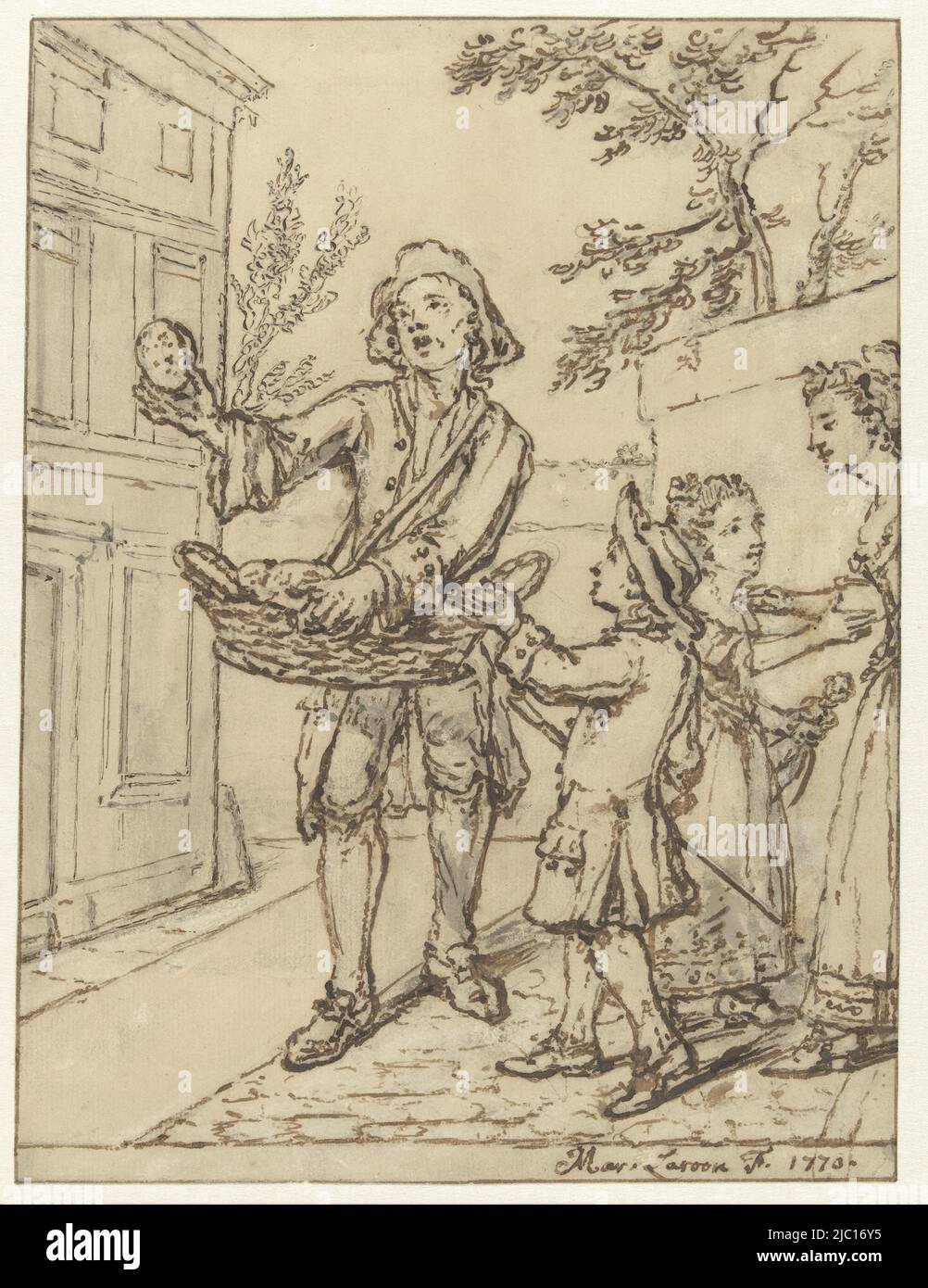 A young merchant with a basket of cookies, with three children, Young ...