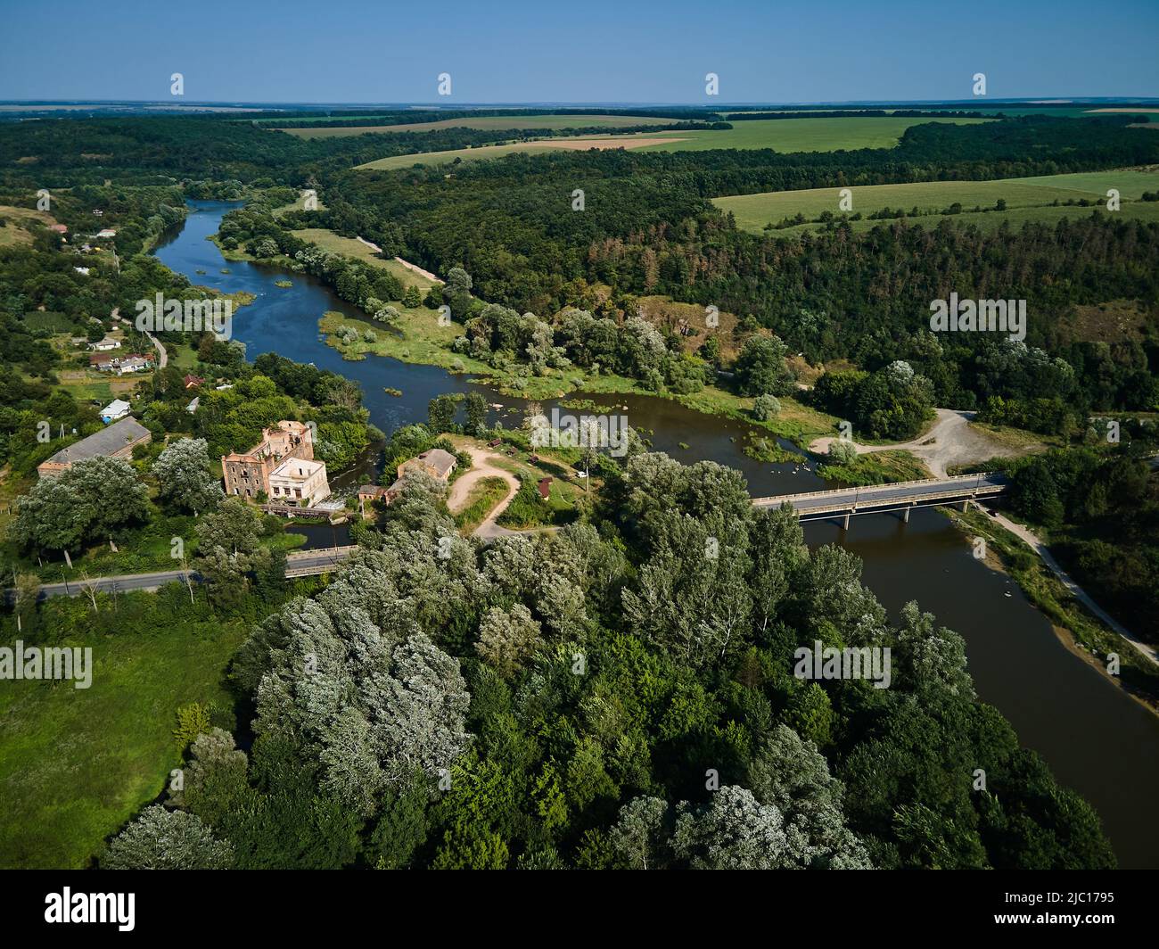 Aerial view of Southern Bug river and granite mountains, summer ...
