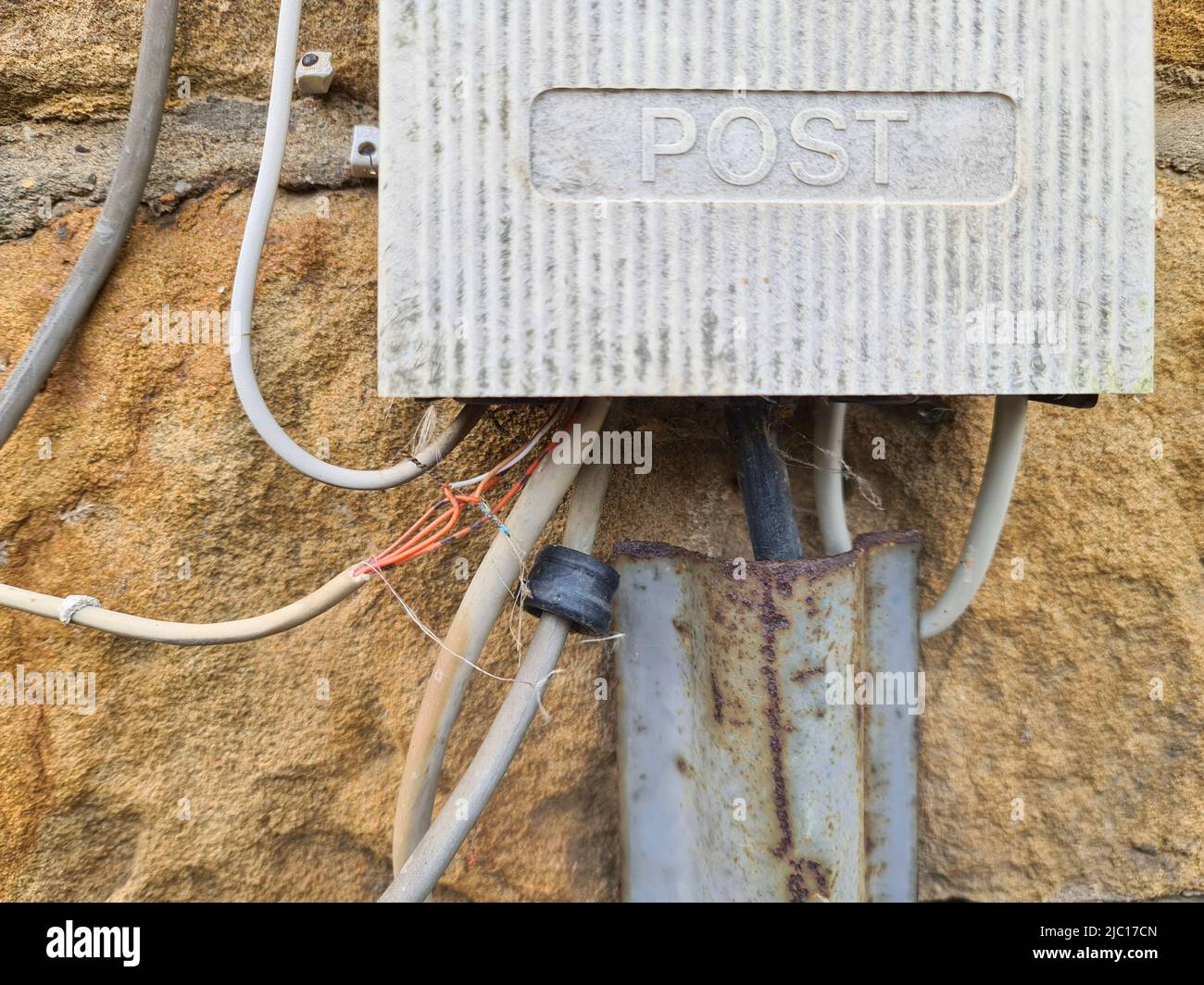 open cables on a telephone junction box on a house wall, Germany Stock ...