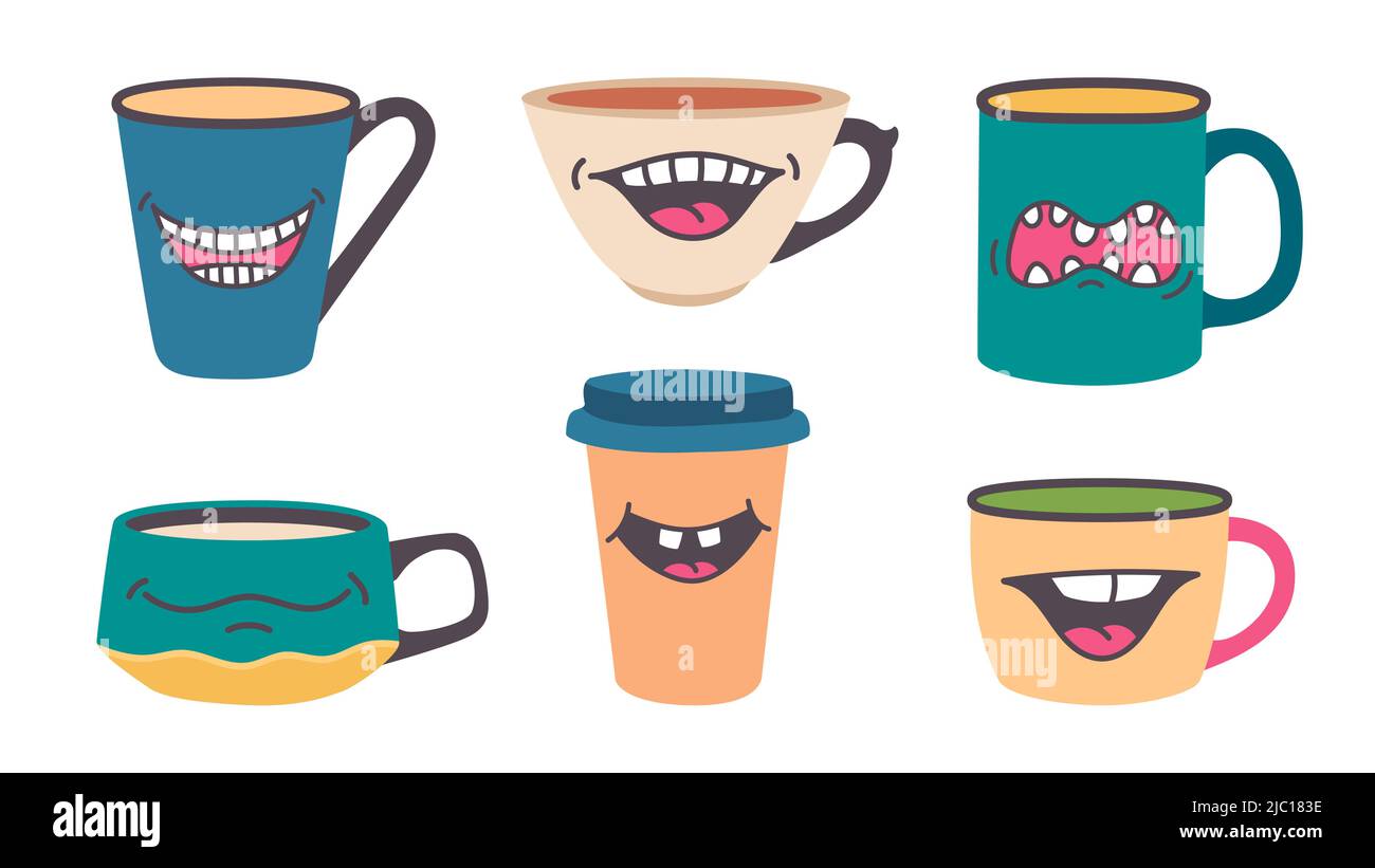 Cup with smile. Doodle mug with smiley mouth emotion, funny tea cup pop ...