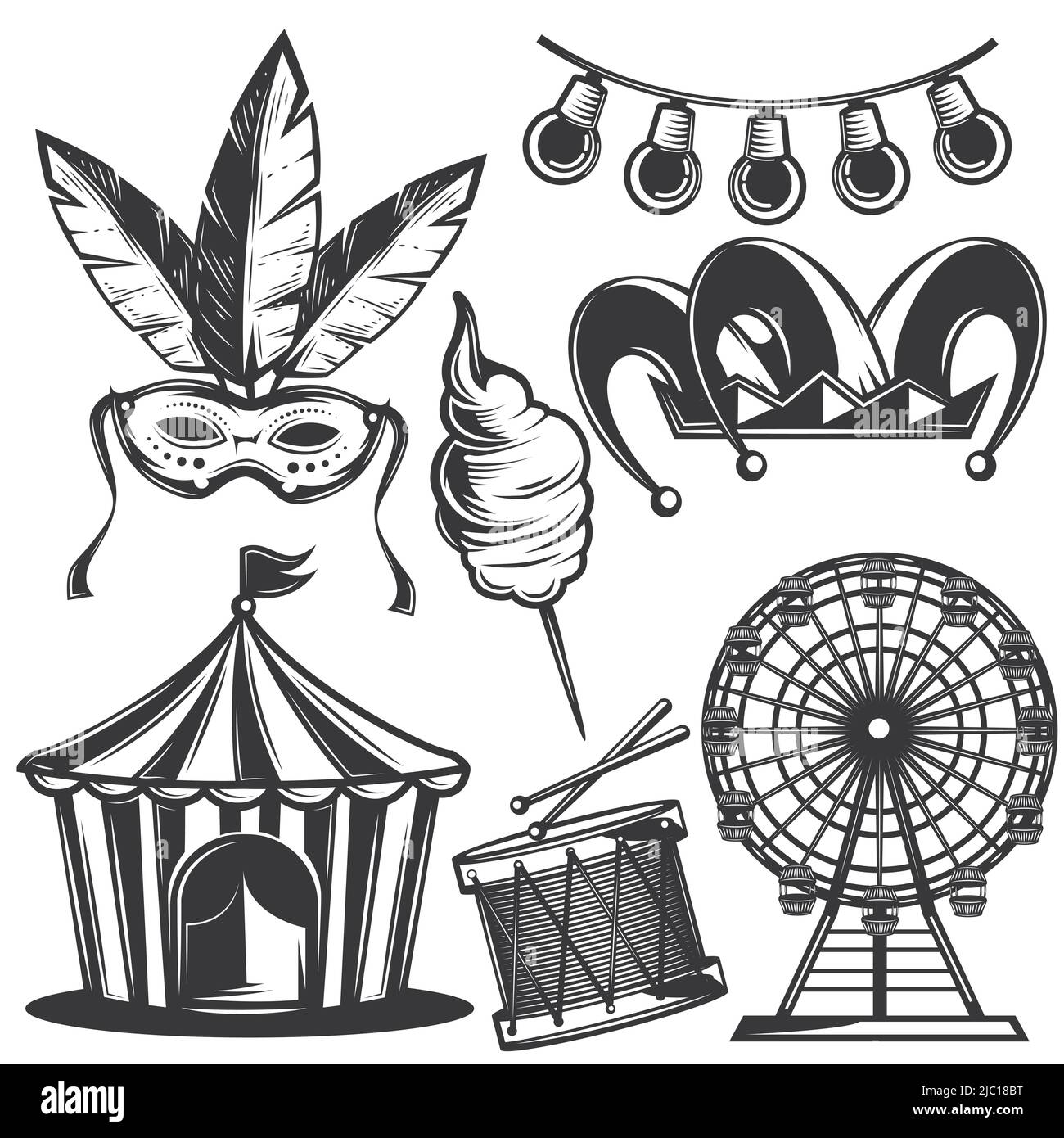 Circus icon set with circus artists magicians balloons circus tent ...