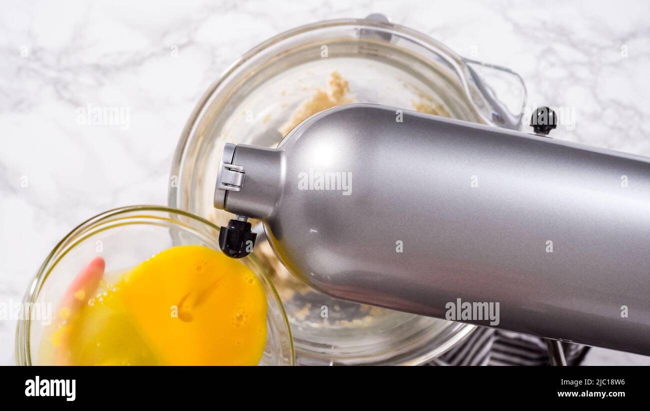 Flat lay. Step by step. Mixing ingredients in kitchen mixer to bake ...